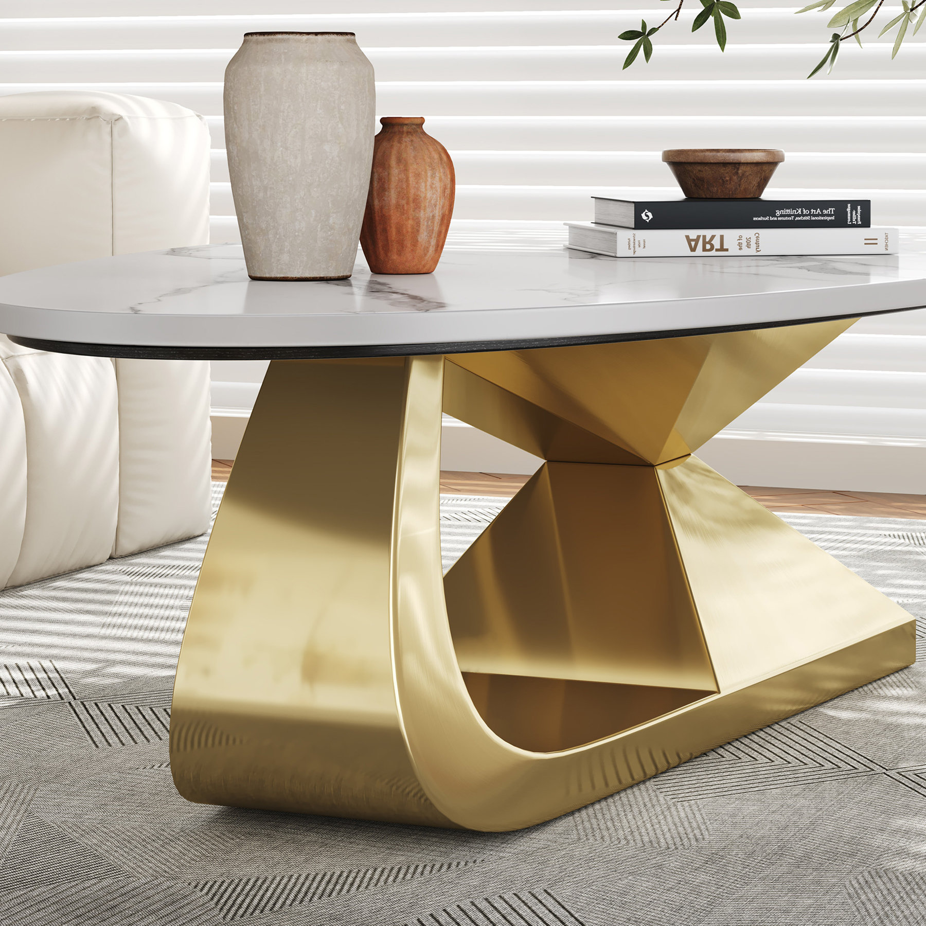 Everly Quinn Modern Sintered Stone Tabletop Coffee Table with Stainless ...