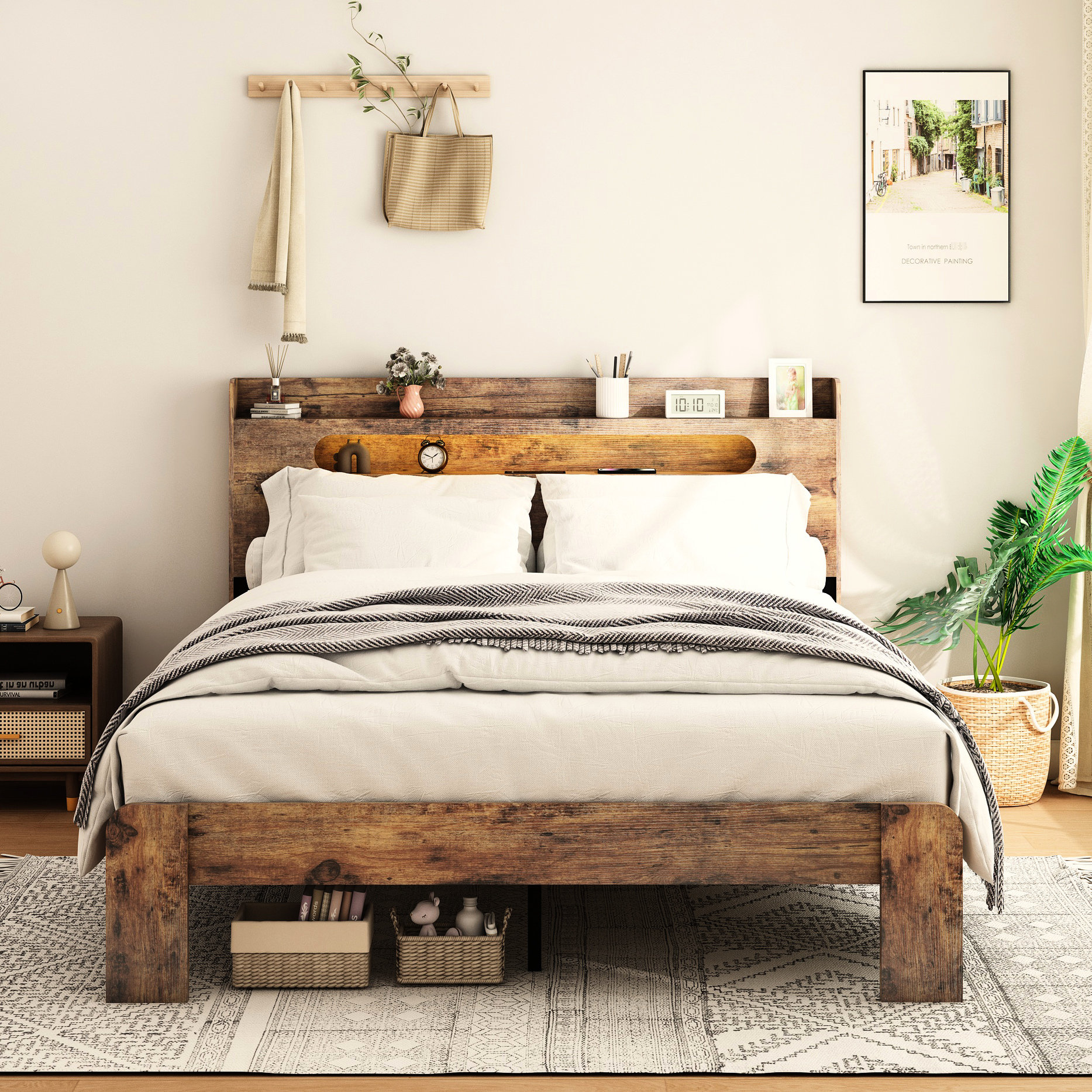 Latitude Run® Dark Brown Wood Platform Bed Frame In Queen Size With Led ...