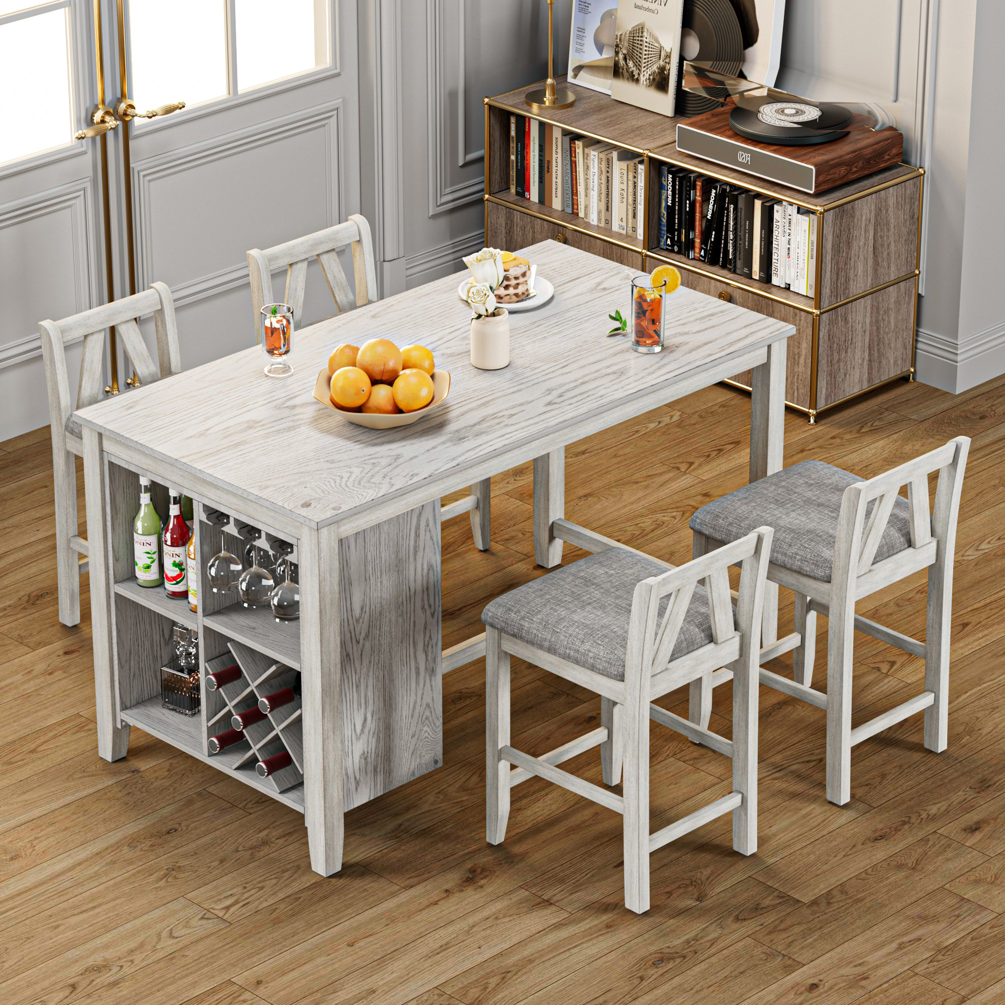 Vecelo Solid Wood Dining Set Dining Table With Wine Racks And Storage ...