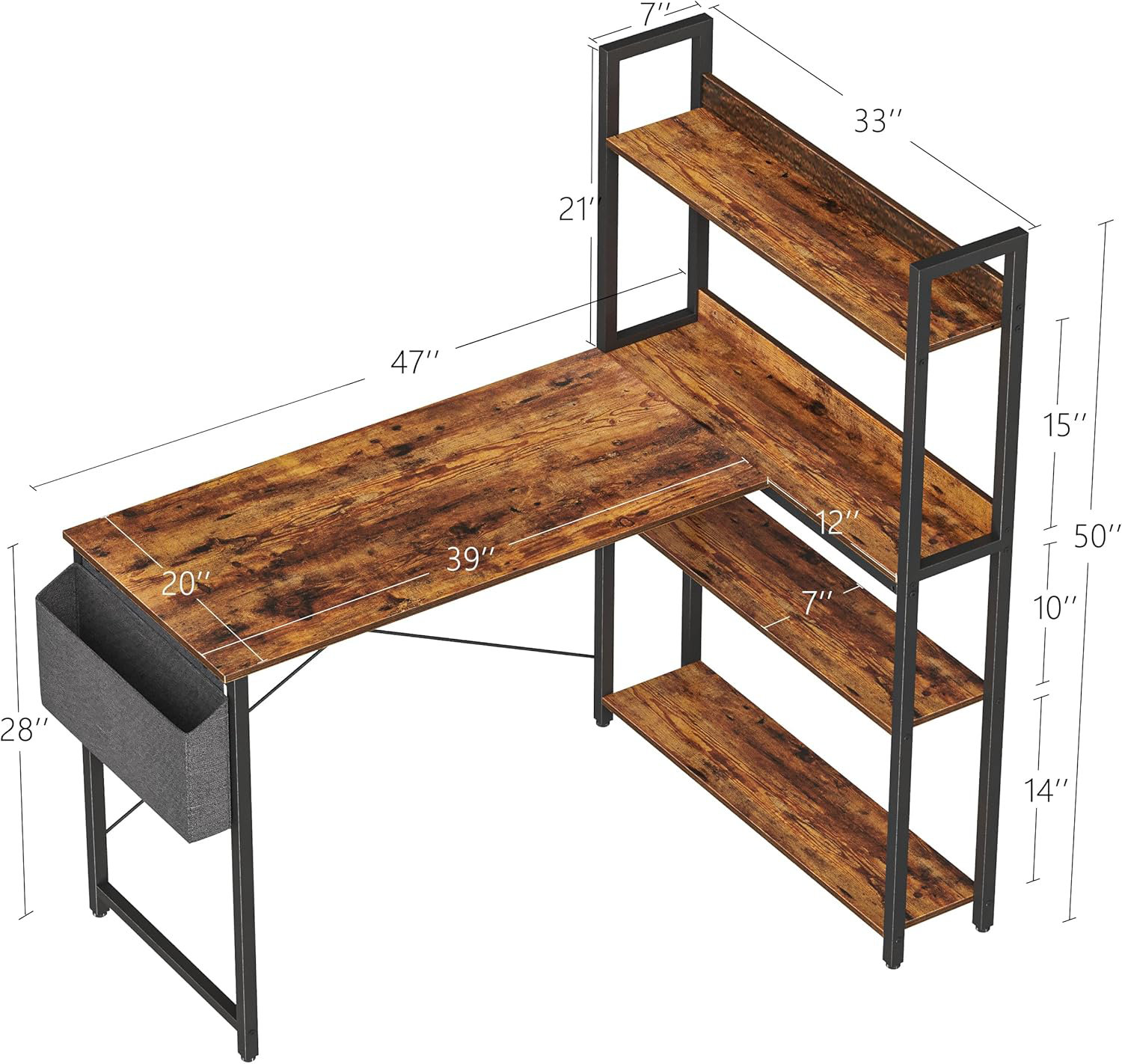 George Oliver 47 Inch Computer Desk with Bookshelf, Corner Desk with ...