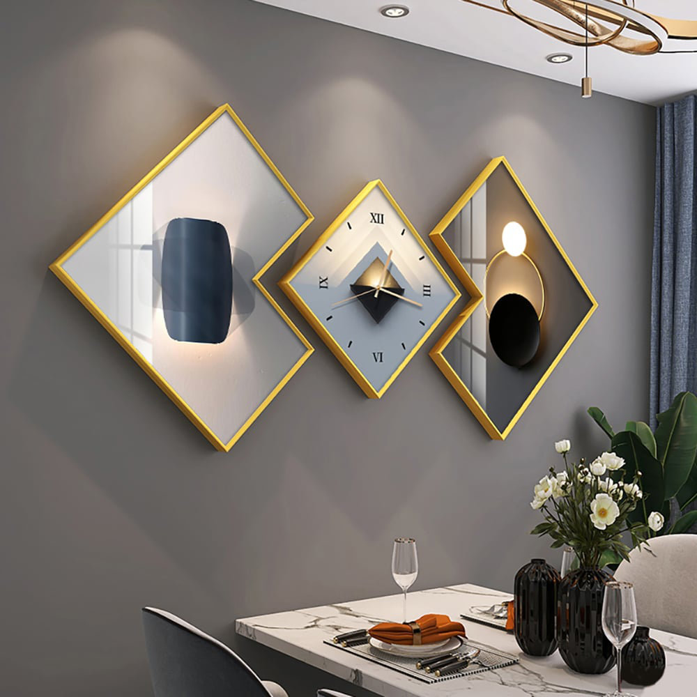 Orren Ellis 3Pcs Modern Geometric Wall Clock Decor Set Canvas Painting Wall Clocks With Gold ...