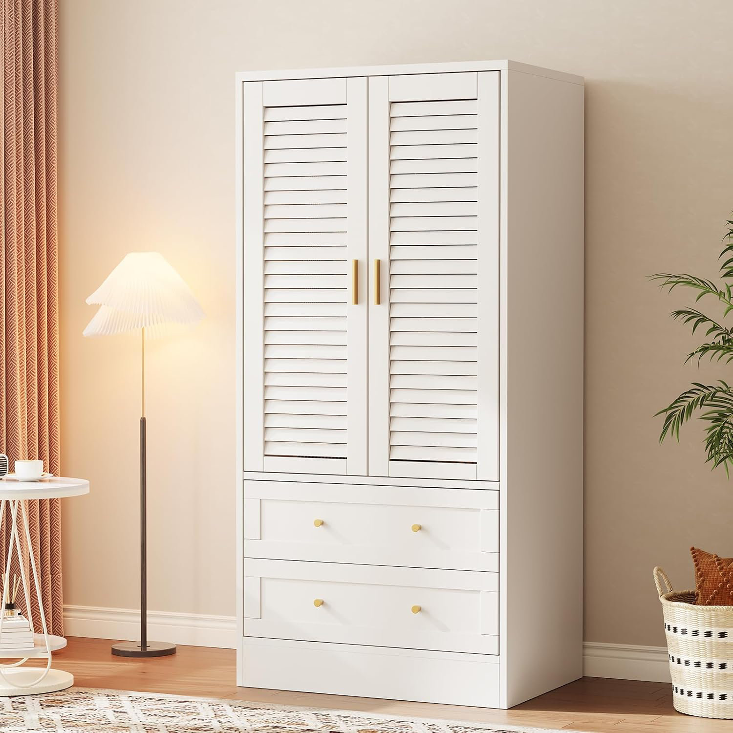 Ebern Designs Wardrobe Armoire Closet with 2 Shutter Doors, Hanging ...