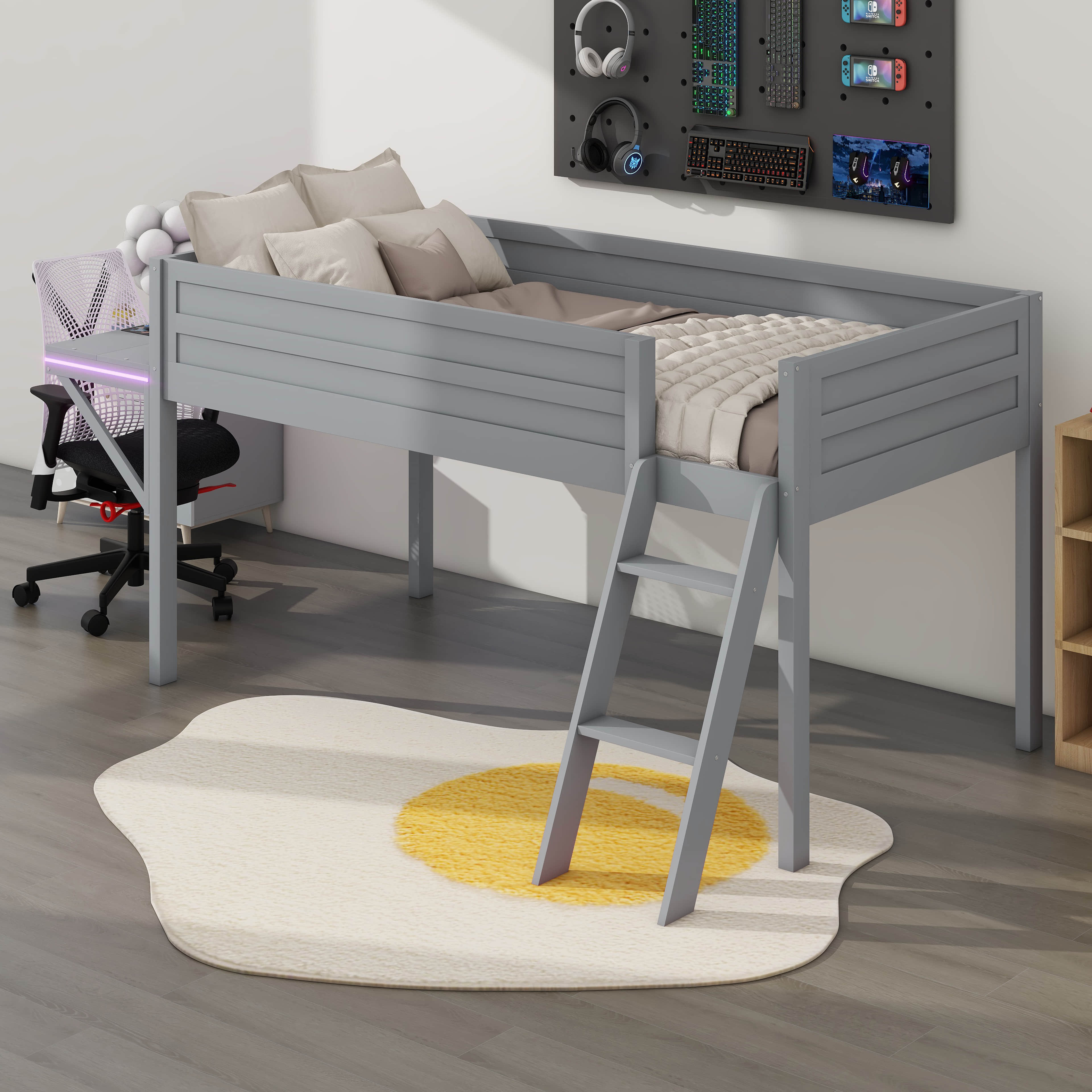 Harriet Bee Wood Twin Size Gaming Loft Bed With Desk And LED, Suit High ...