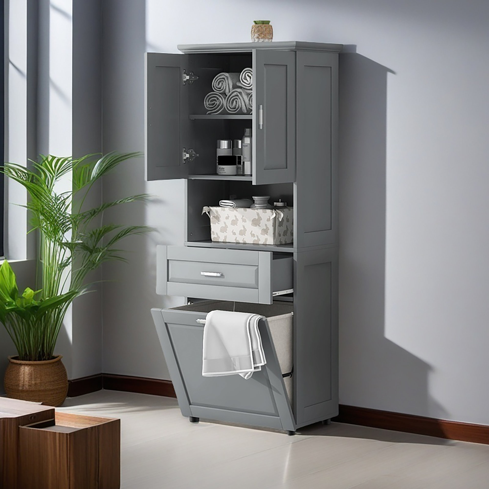 Red Barrel Studio® Tall Bathroom Cabinet With Laundry Basket, Large ...