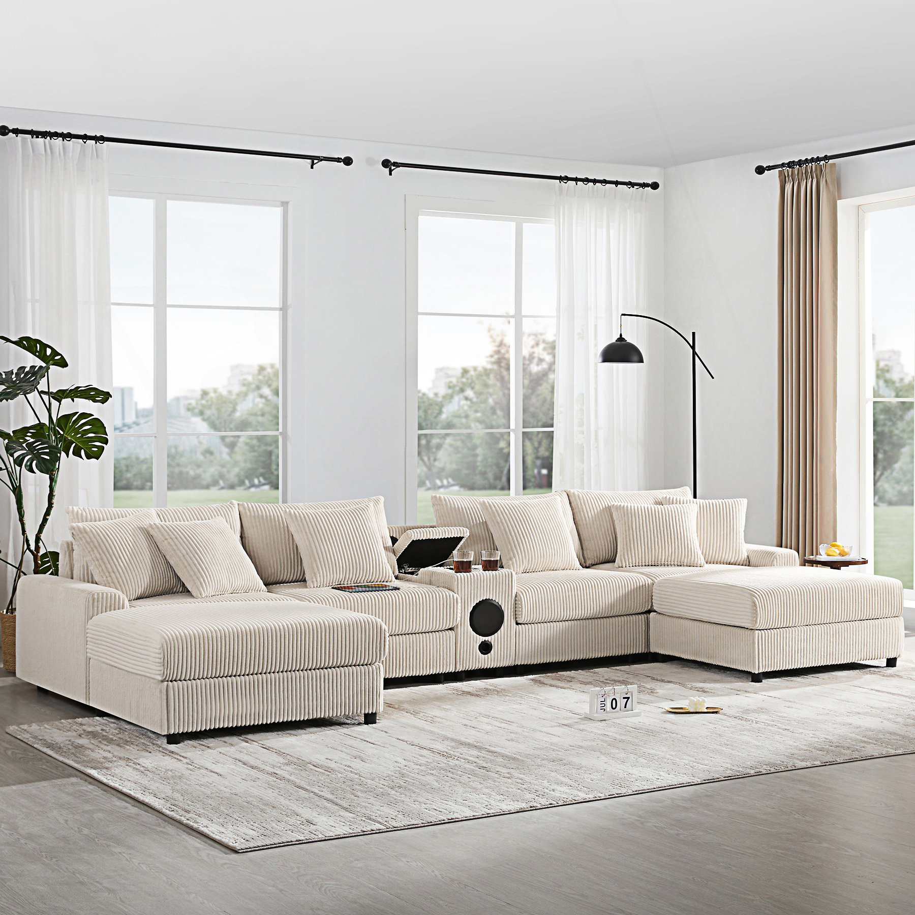 Mercer41 Corduroy Sectional Sofa With Bluetooth Speakers, U Shaped ...