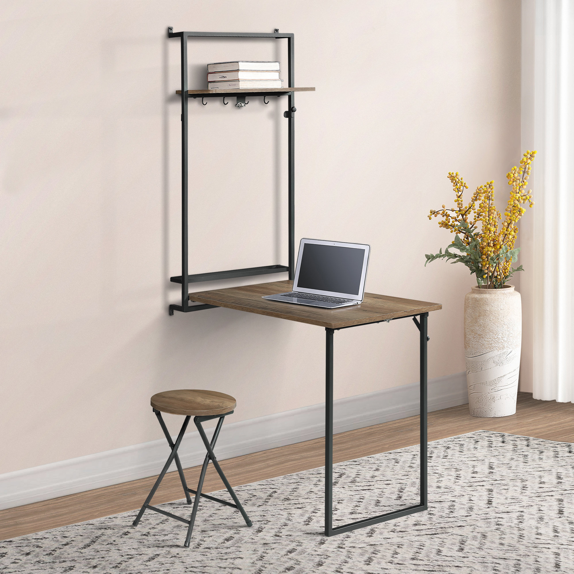 17 Stories Rustic Oak and Sandy Black Wall Desk with Stool | Wayfair