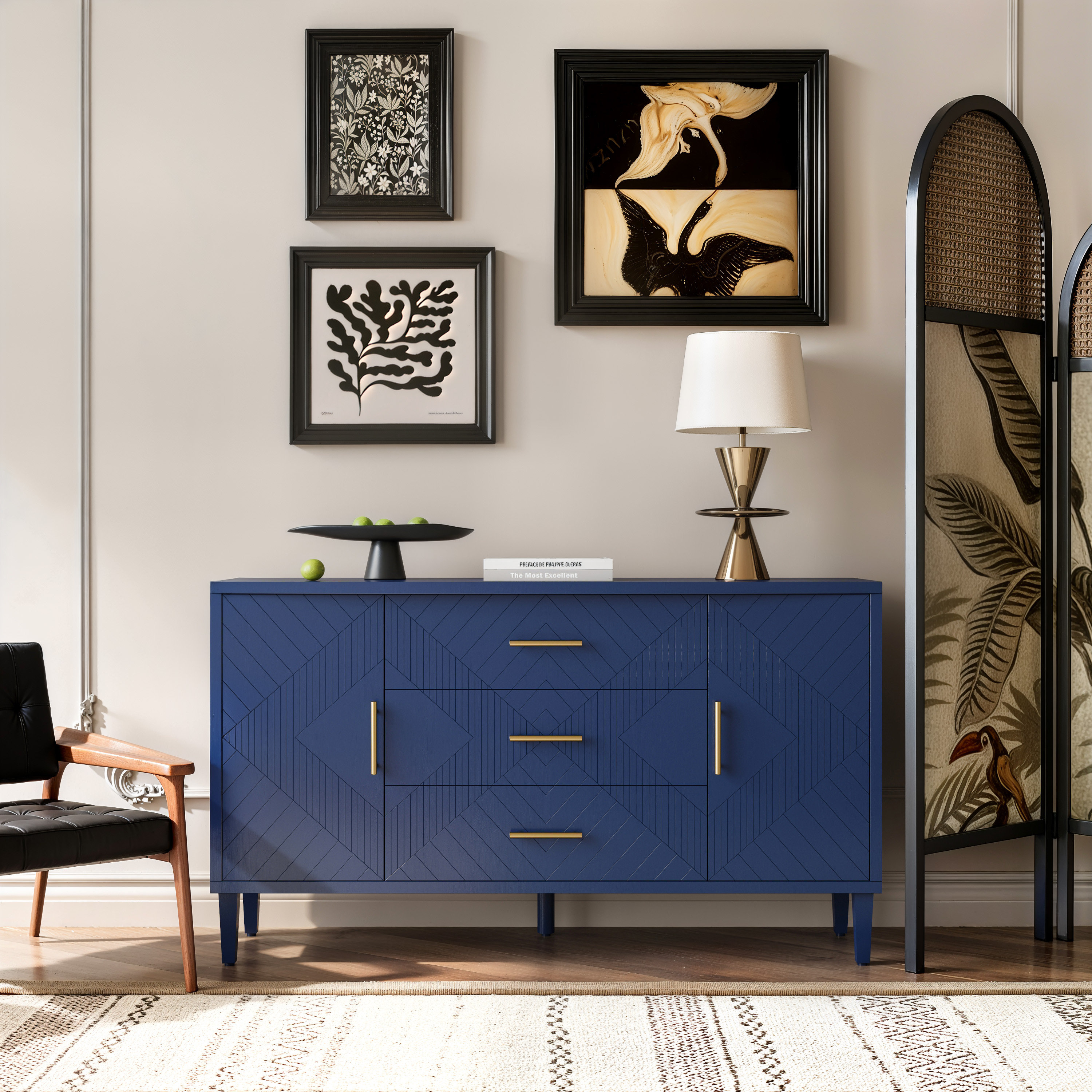 Ebern Designs 2-Door 3-Drawer Cabinet with Carved Effect, for Bedroom,Living Room,Office, Navy ...