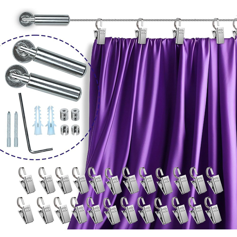 MAXAYA Adjustable Indoor Outdoor Wire Curtain Rod Room Divider Hanging ...