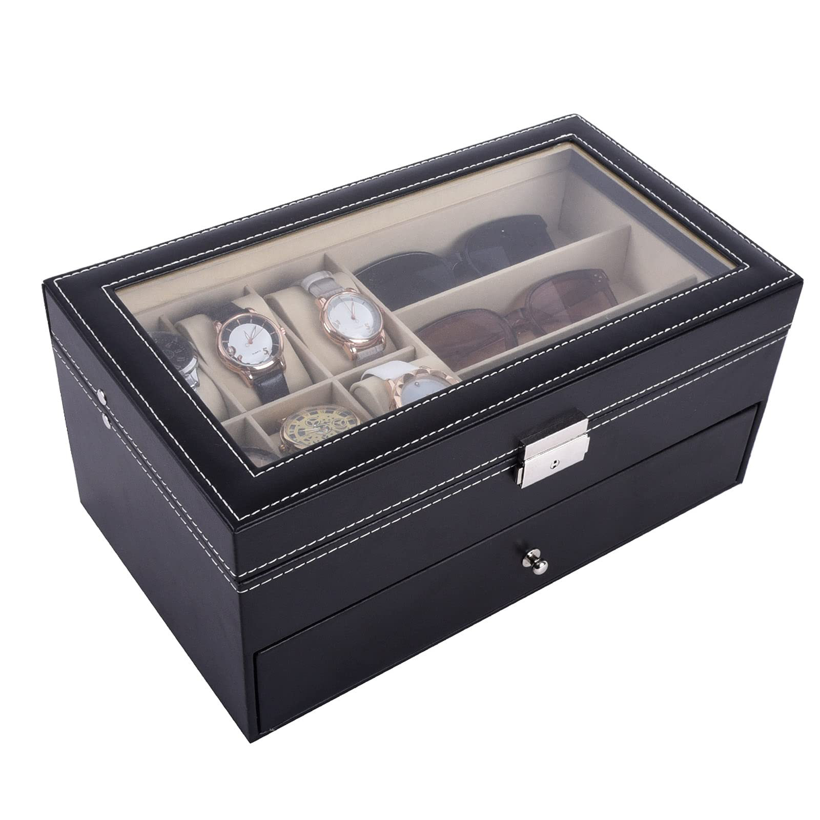 Latitude Run® Leather 6 Watch Box Jewelry Case And 9 Piece Eyeglasses ...