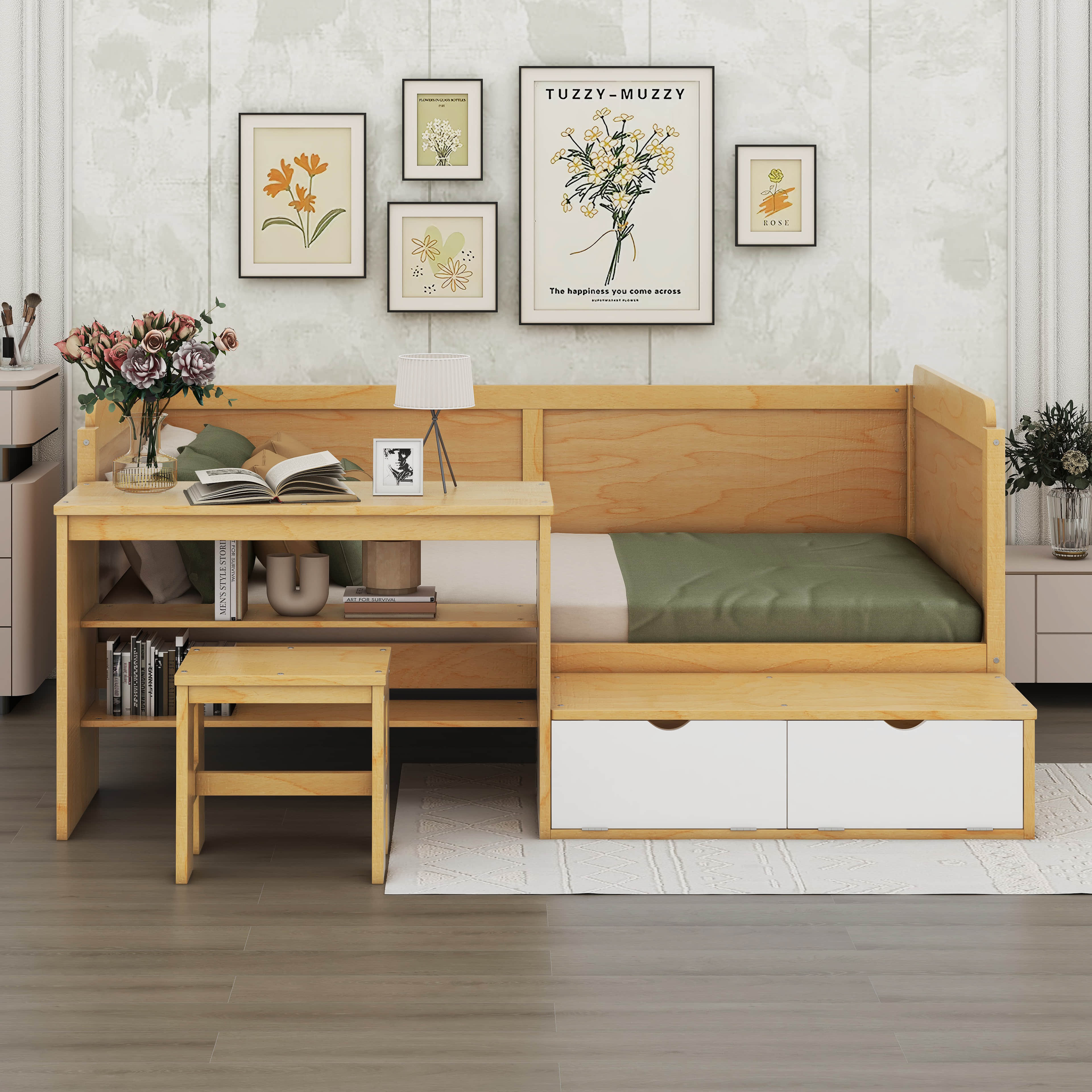 Latitude Run® Wooden Twin Size Bed Frame With Desk, Open Shelf ...