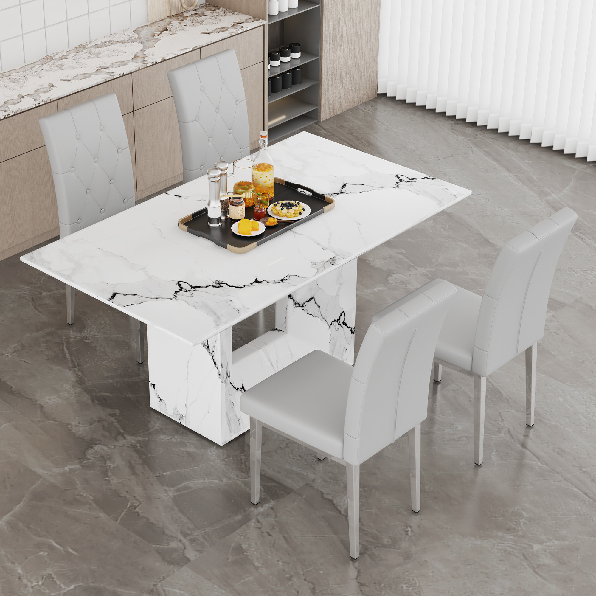 Brayden Studio "x35.4" White Marble-patterned Mdf Dining Table Set With ...