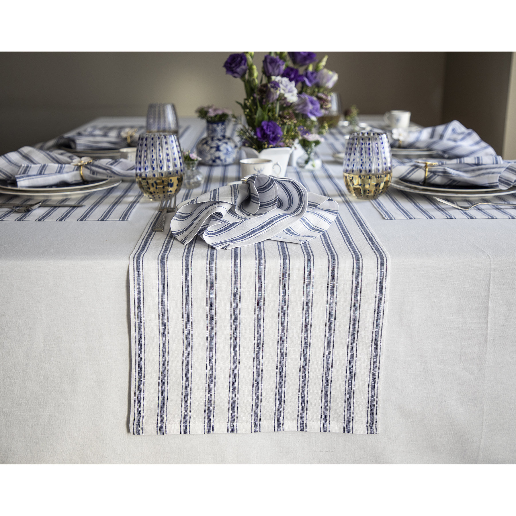 Solino Home Capri Ticking Stripe - 100% Pure Linen Rectangle Dining ...