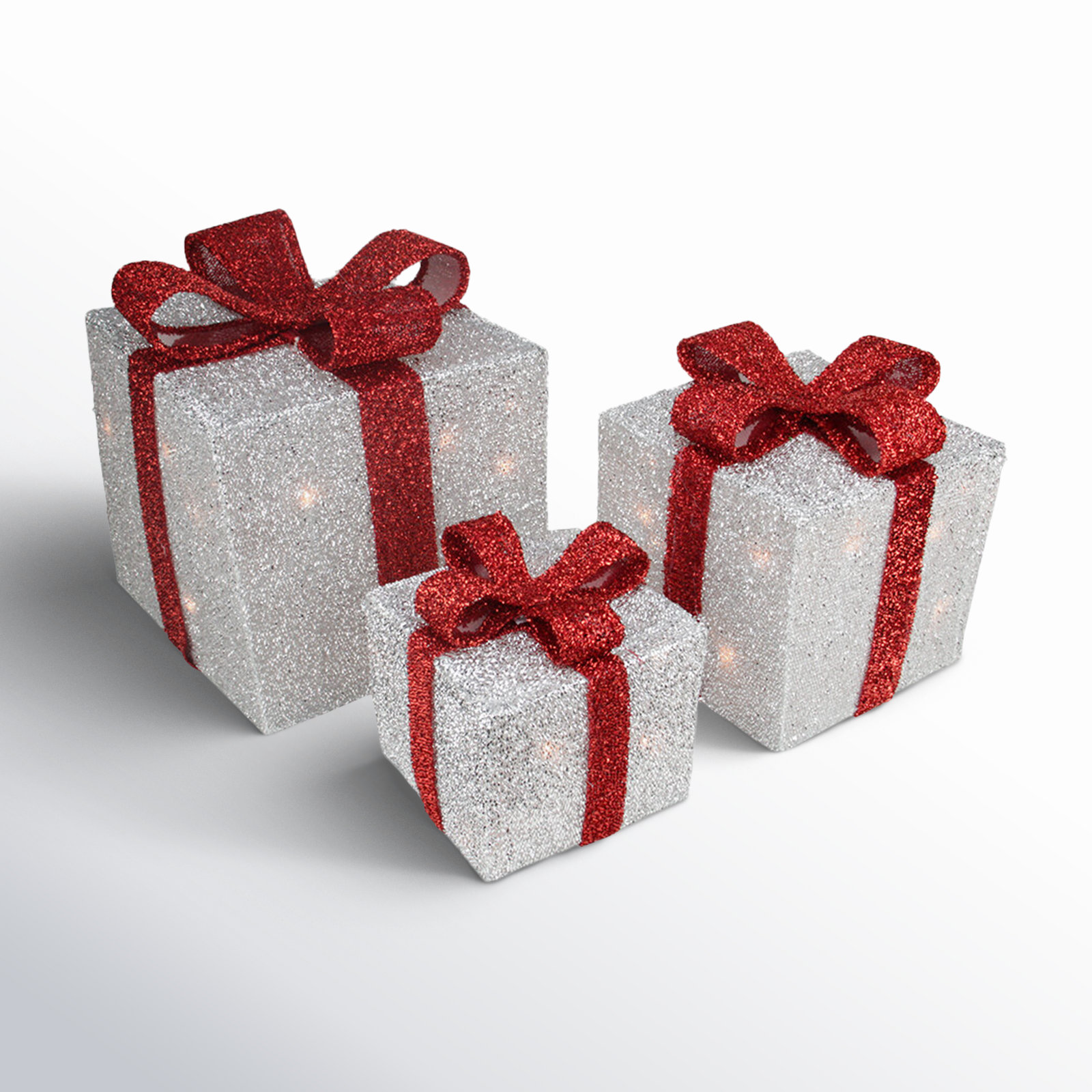 The Holiday Aisle® Silver Tinsel Lighted Gift Boxes with Red Bows ...