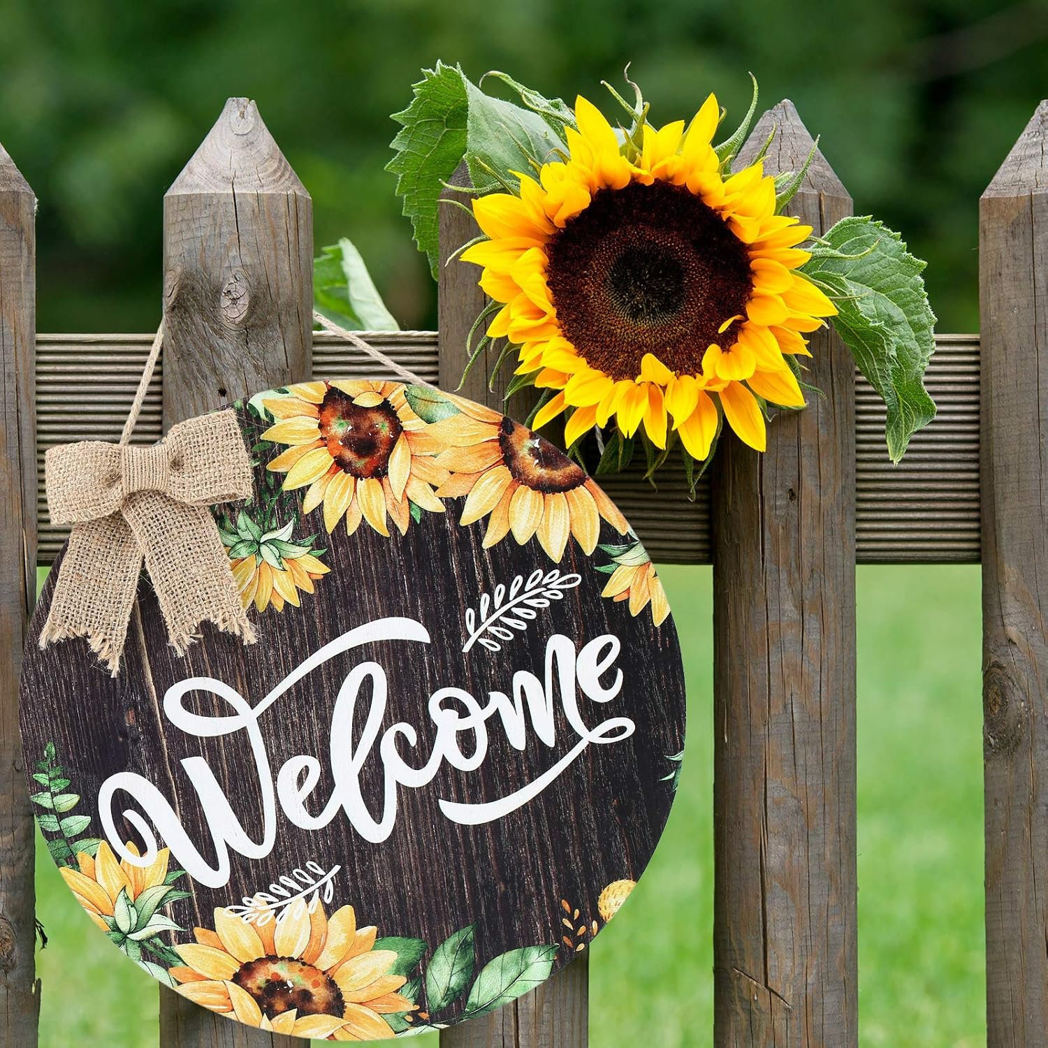 August Grove® Sunflower Welcome Sign For Front Door, Round Wooden Large ...