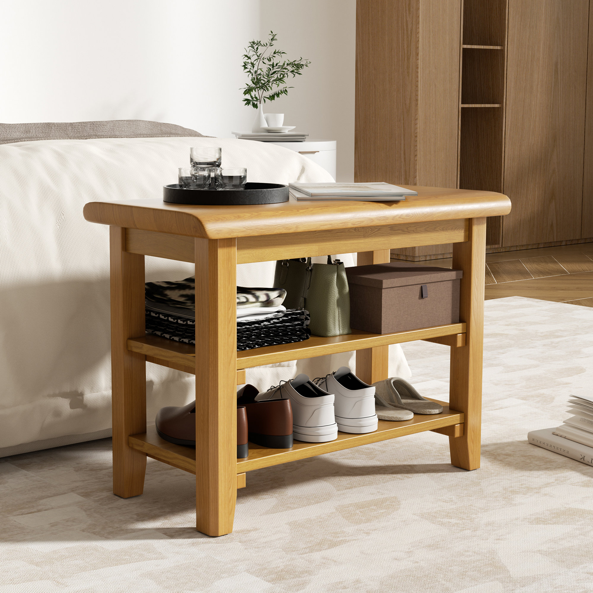 Alcott Hill® Walnut Finish Solid Wood Shoe Storage Bench | Wayfair