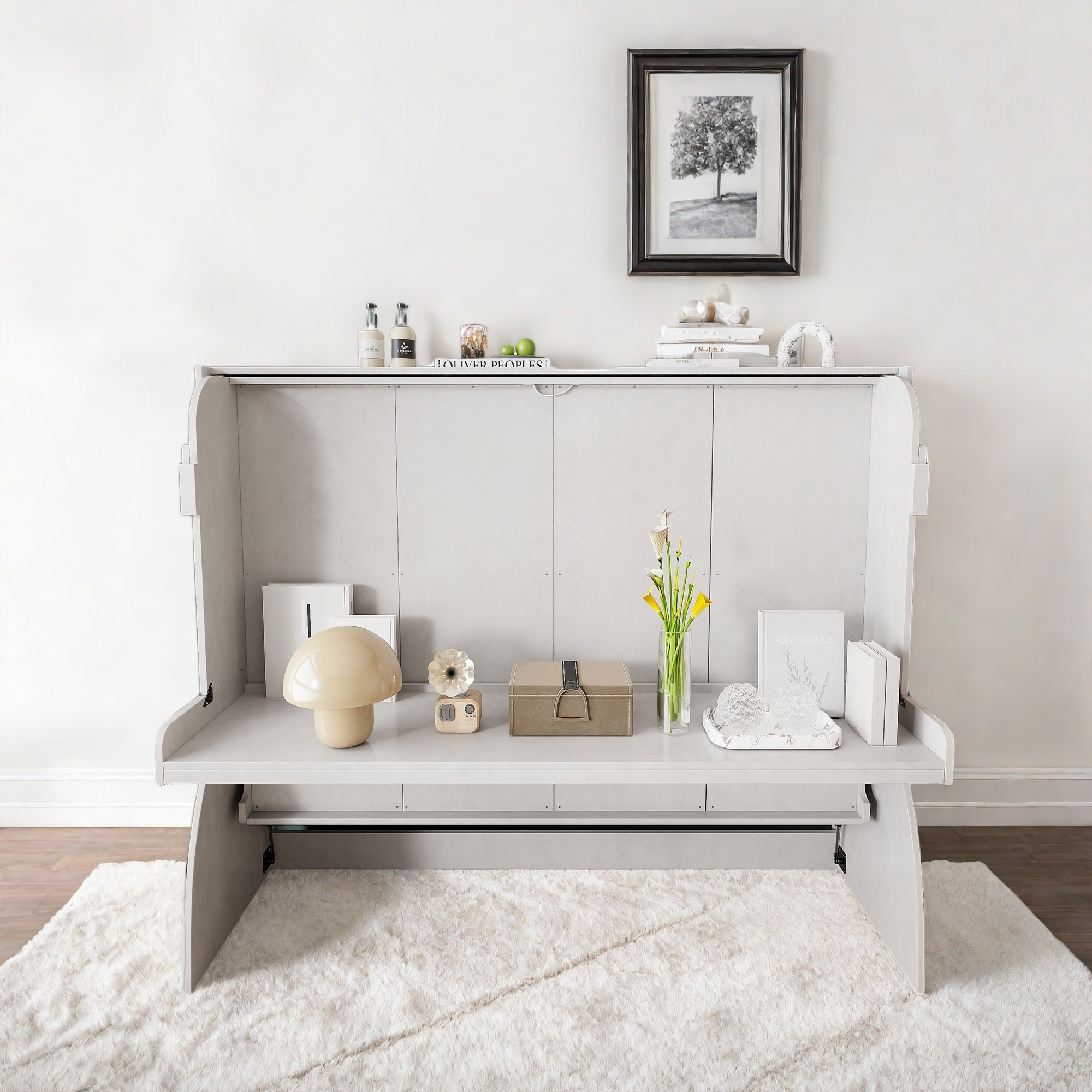 Red Barrel Studio® Antique Murphy Bed With A Desk And 3 Open Storage Cabinets | Wayfair