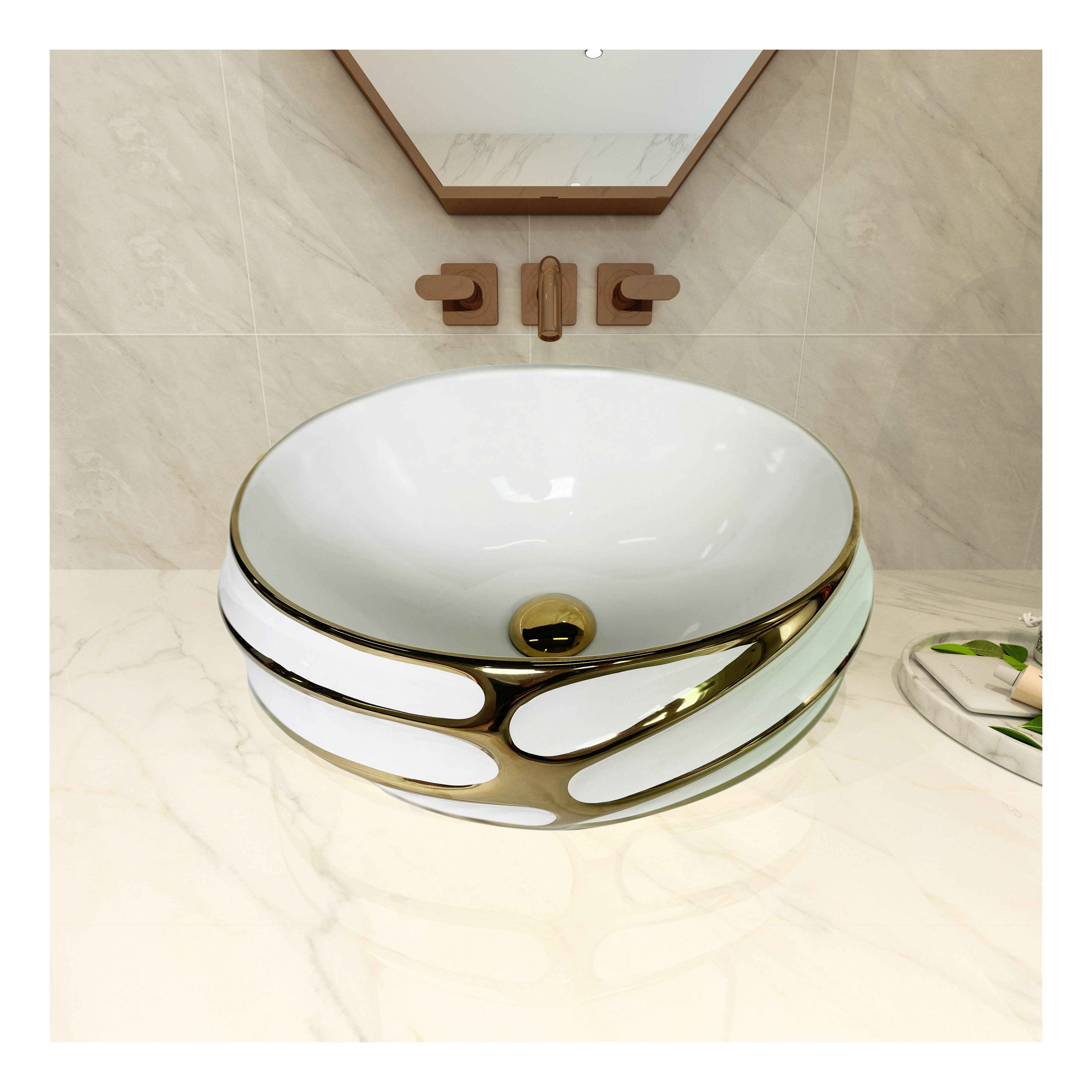 MEJE 18" Oval Embossed Gold Trim Bathroom Sink, Above Counter Art Basin ...