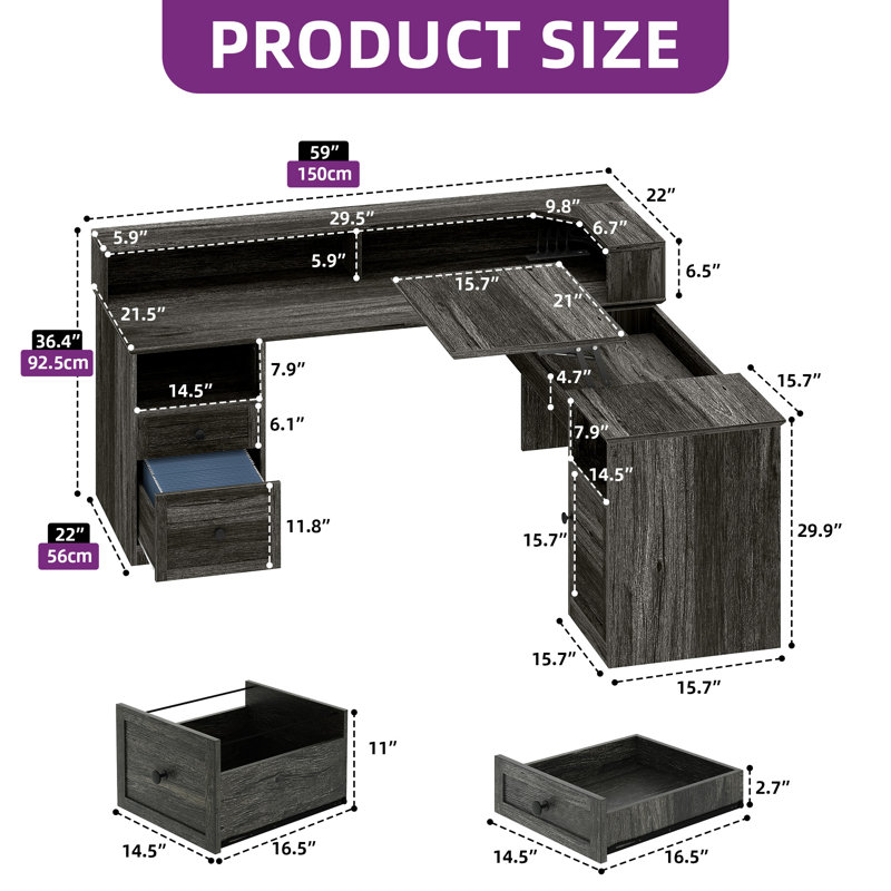 Ivy Bronx 60'' L Shaped Desk With Power Outlet, Lift Top & LED Lights ...