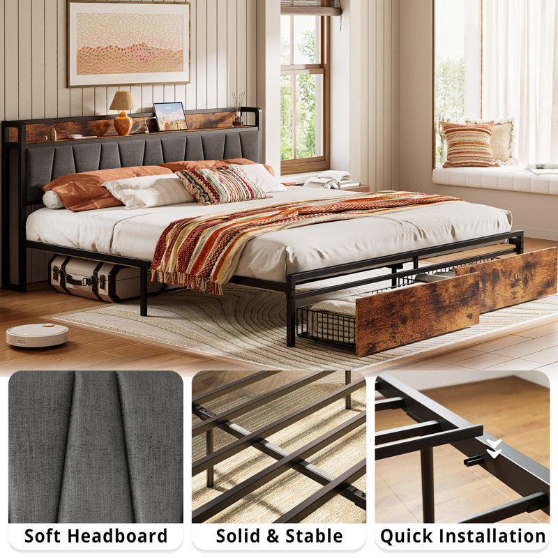 17 Stories Brown-grey California King Size Bed Frame, Charging Head ...