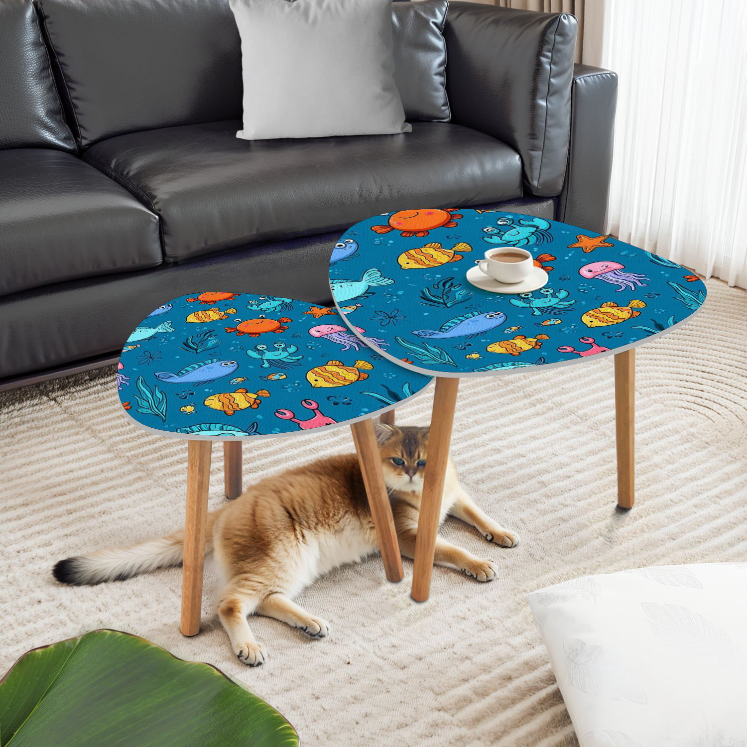 George Oliver Triangle Nesting Coffee Table Set of 2 sea ocean creatures such as whale crab ...