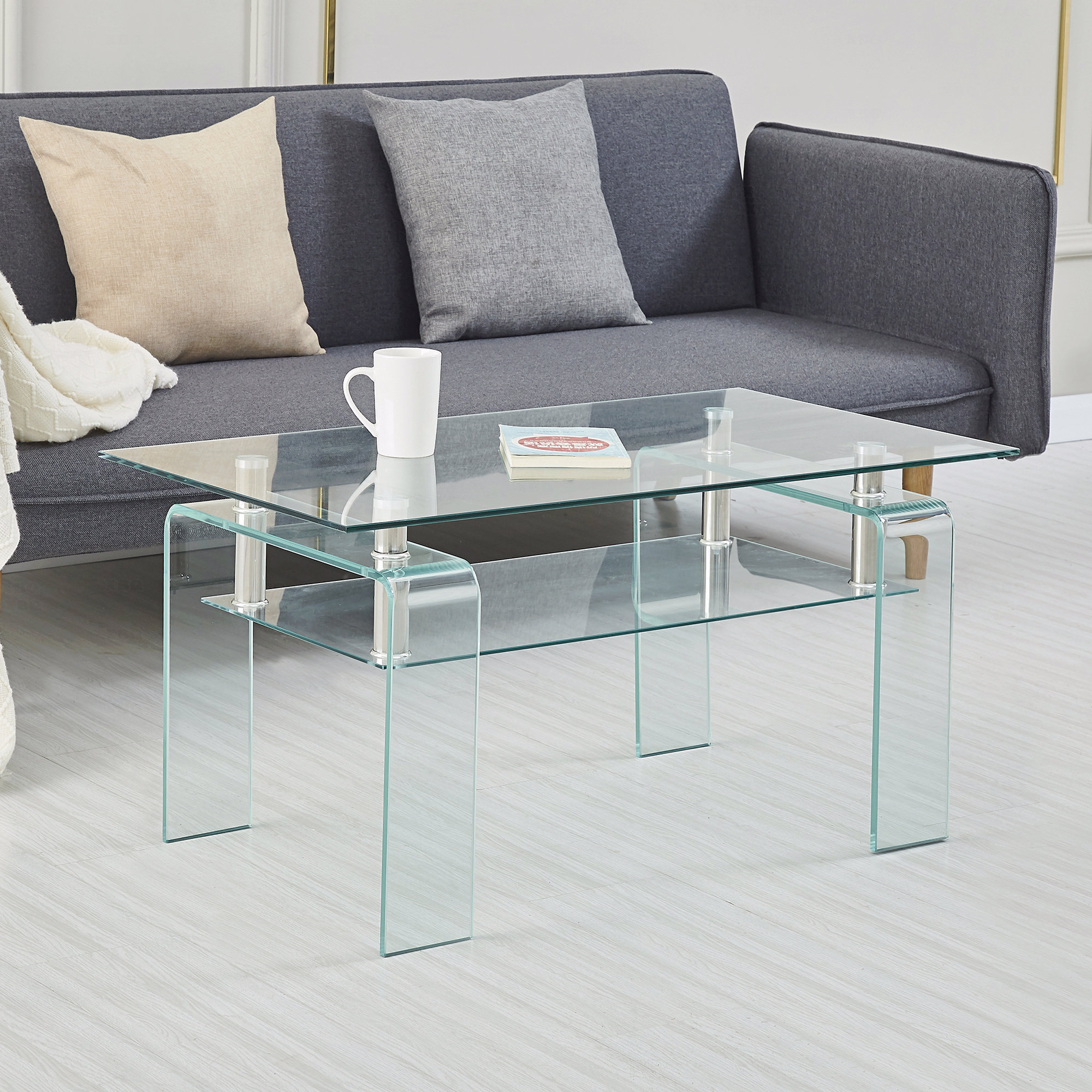 Ivy Bronx Rectangle Clear Glass Coffee Table, Modern Glass Coffee Table ...