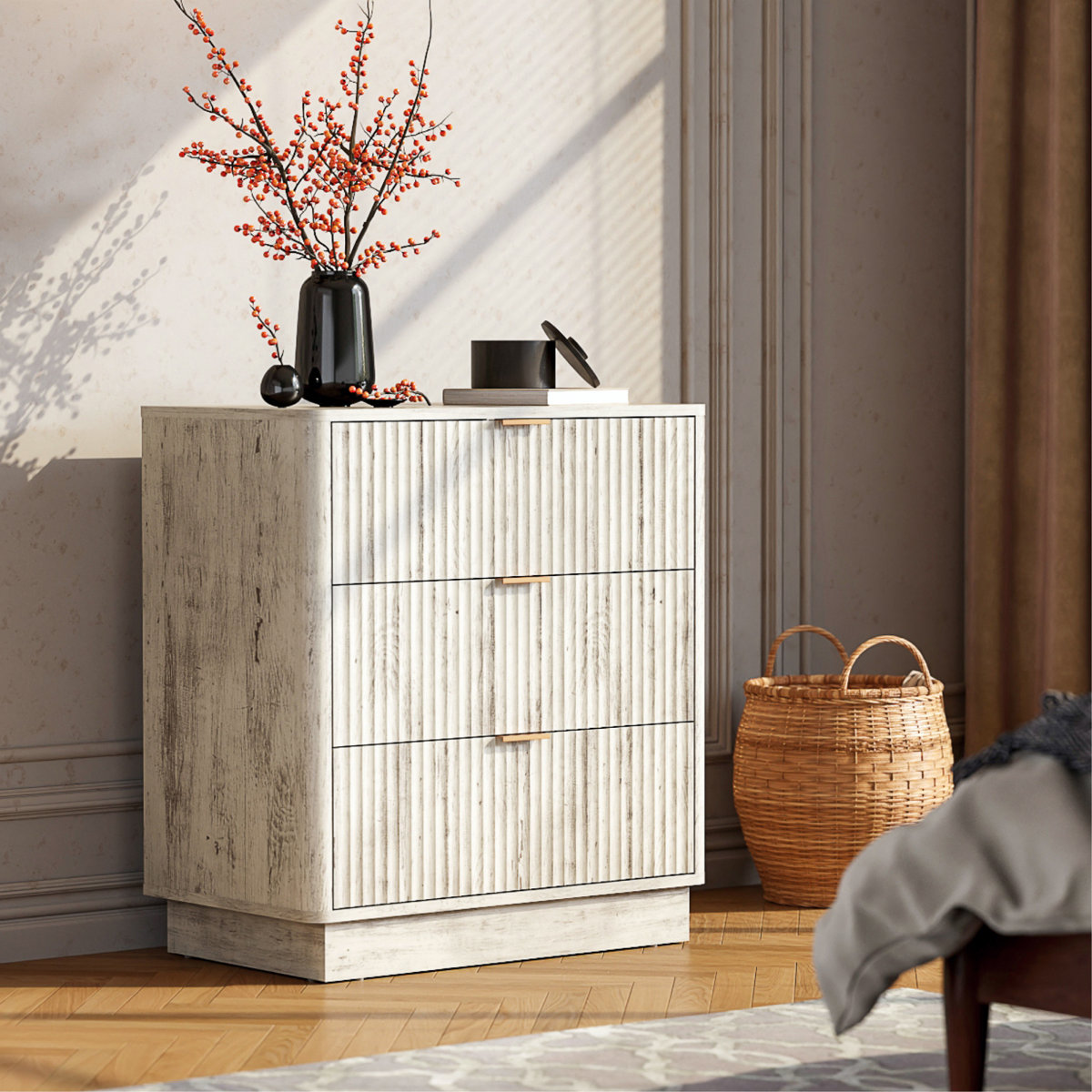 Latitude Run® Elegant Fluted 3 Drawer Dresser, Wood Dressers with Round ...