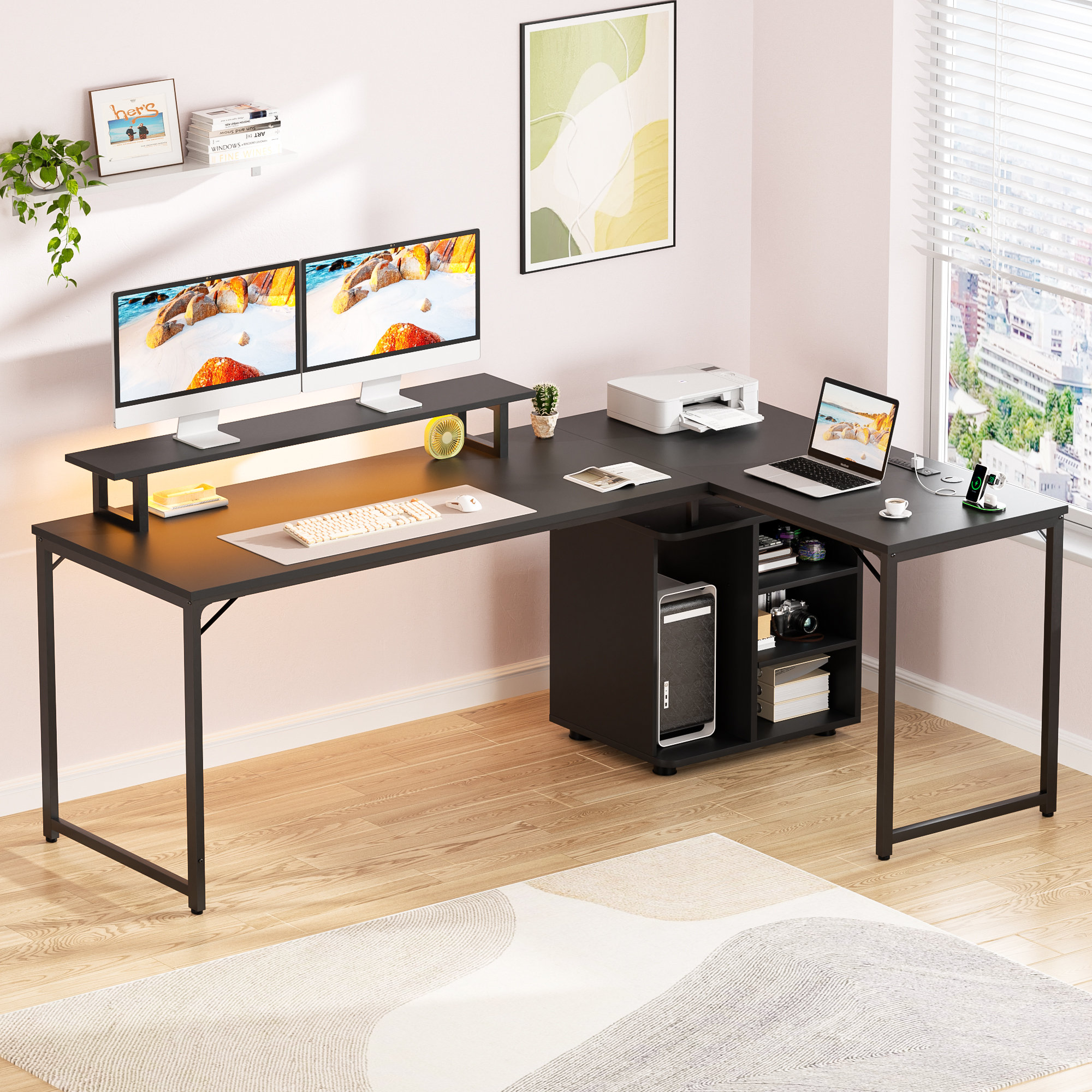 Wrought Studio Joro L Shaped Desk with Cabinet 58.3 Inch Reversible ...