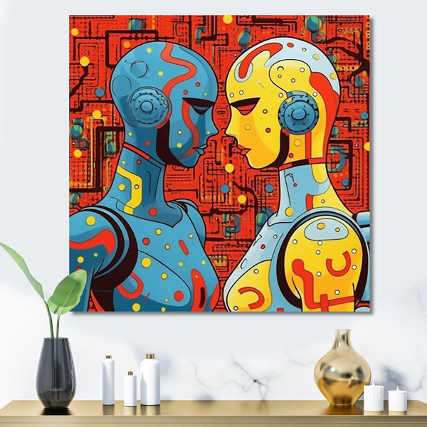 Wrought Studio Retro Robot Couple In Love I - Robot Canvas Art Print ...