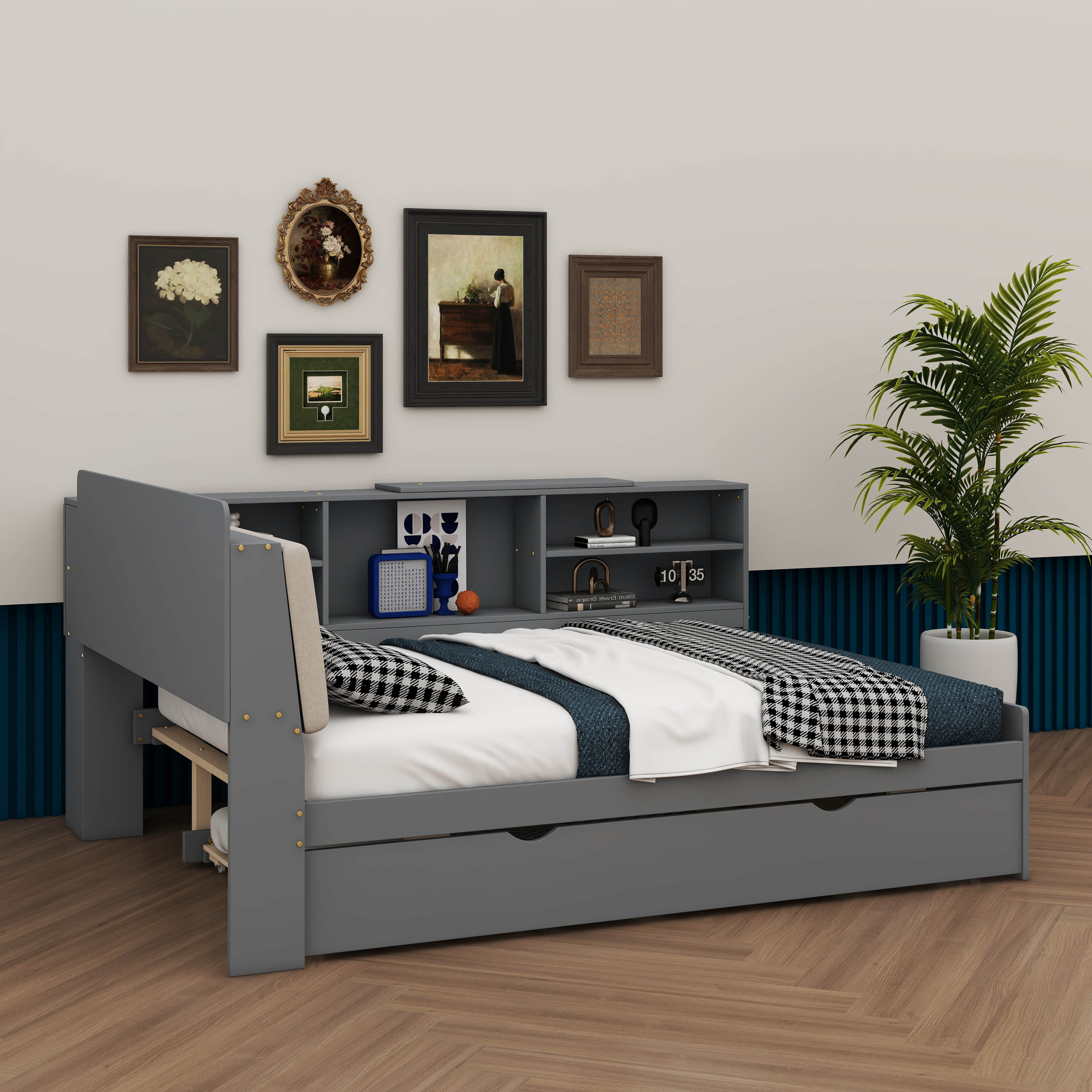 Latitude Run® Practical Platform Bed With Pull Out Trundle Shelving ...