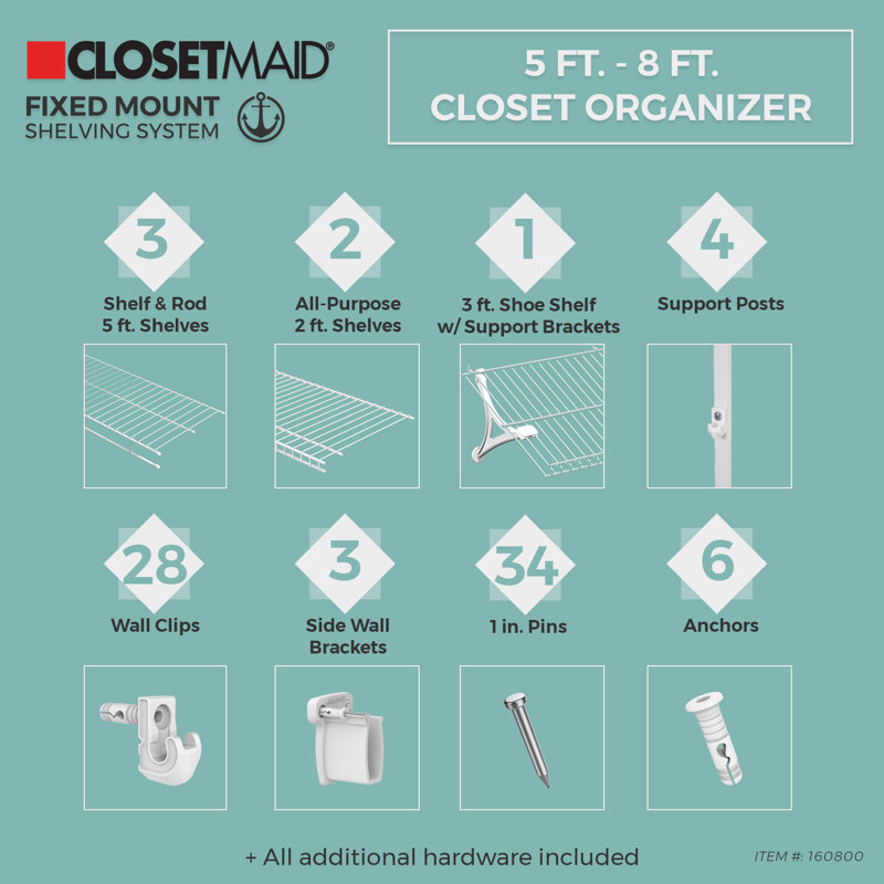 ClosetMaid 60" W - 96" W Wire Closet Organizer Kit with Shoe Shelf ...
