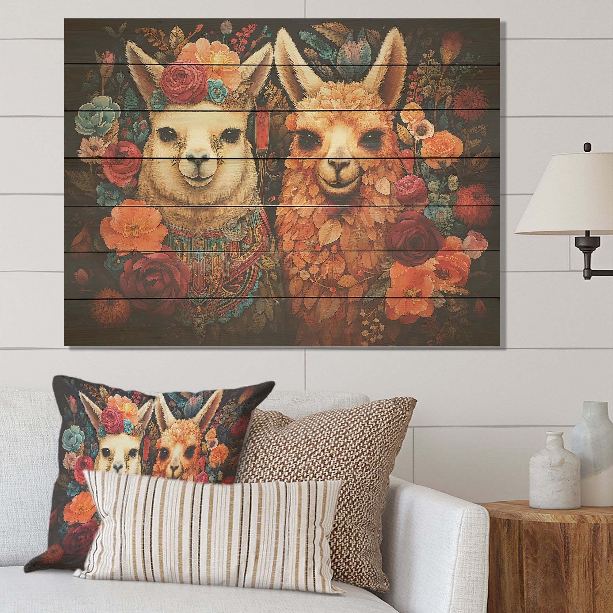 Bungalow Rose Orange Fluffy Alpacas Floral Portrait - Alpaca On Wood ...