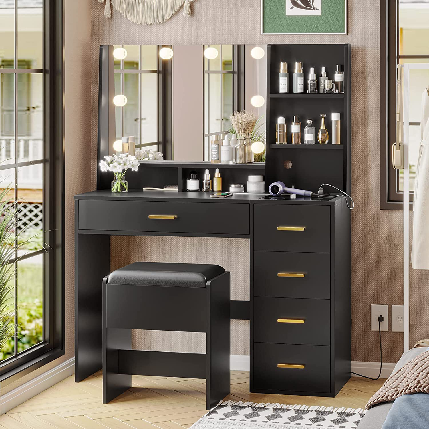 Everly Quinn Alaincourt Vanity Makeup Vanity Set with Stool and LED ...