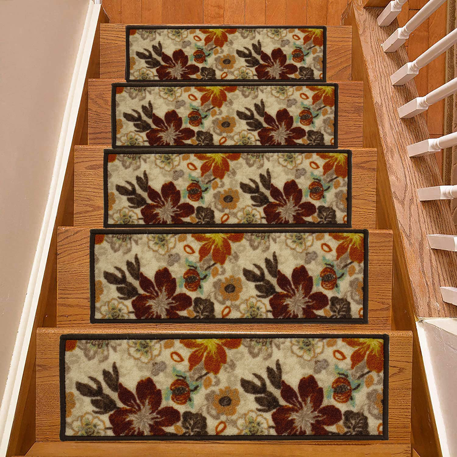 Wildon Home® Compas-Echiverri Floral Beige/Brown/Red Stair Tread | Wayfair