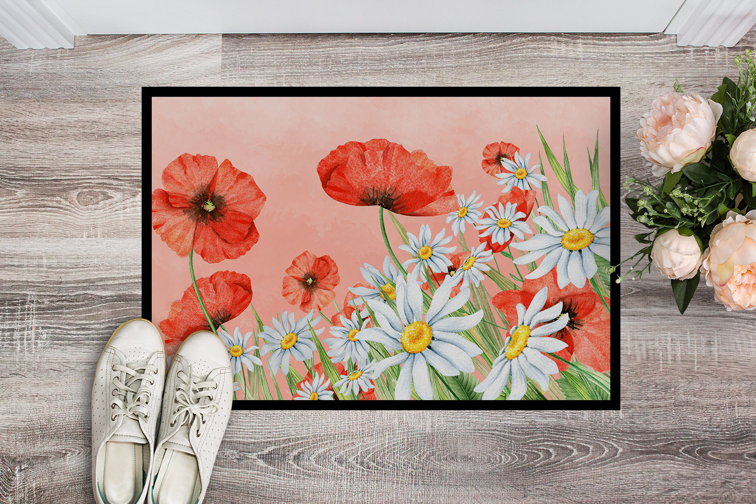 East Urban Home Poppies and Chamomiles Non-Slip Outdoor Door Mat | Wayfair