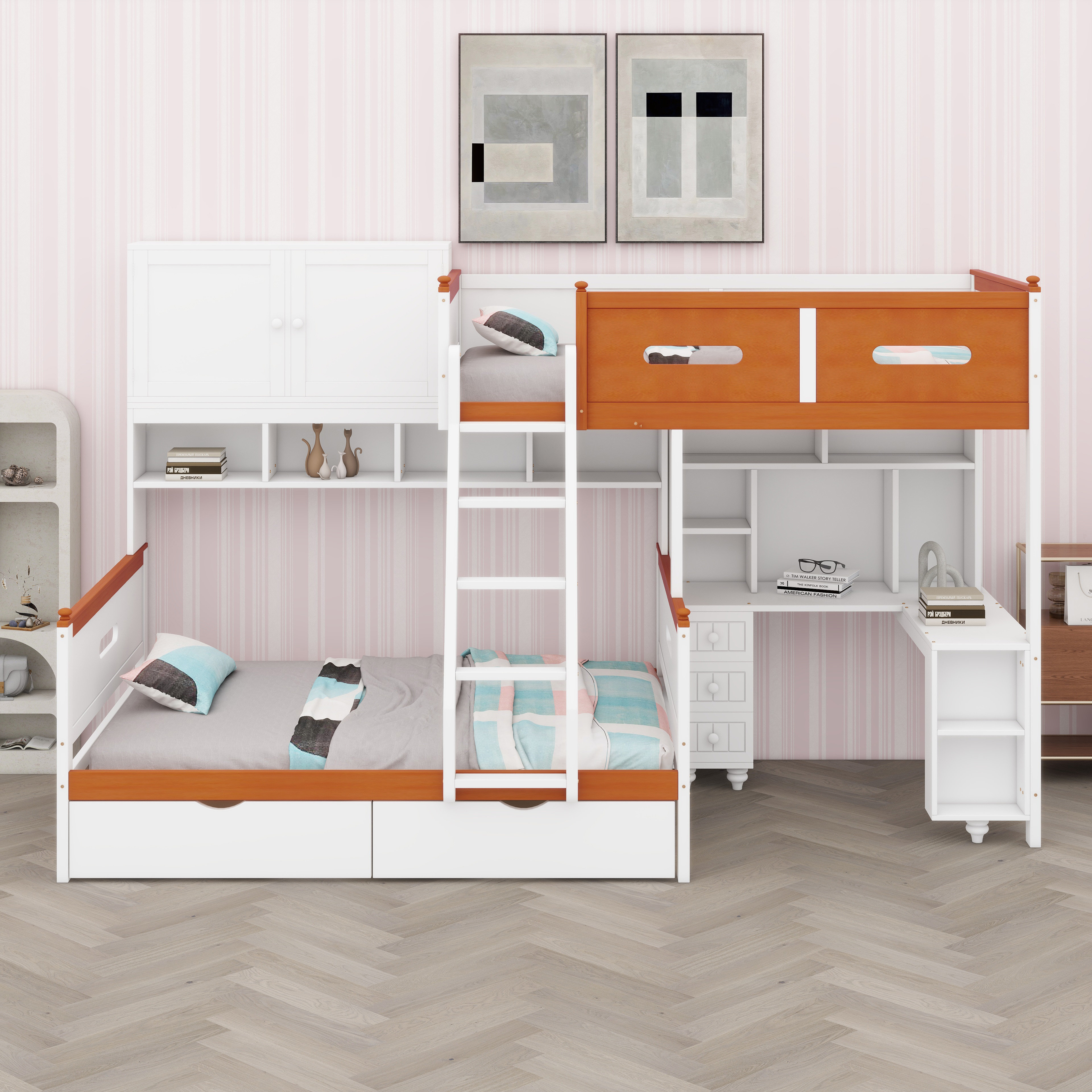 Latitude Run® Smart Wooden Bunk Bed With Built-In Desk, Storage Cabinet ...
