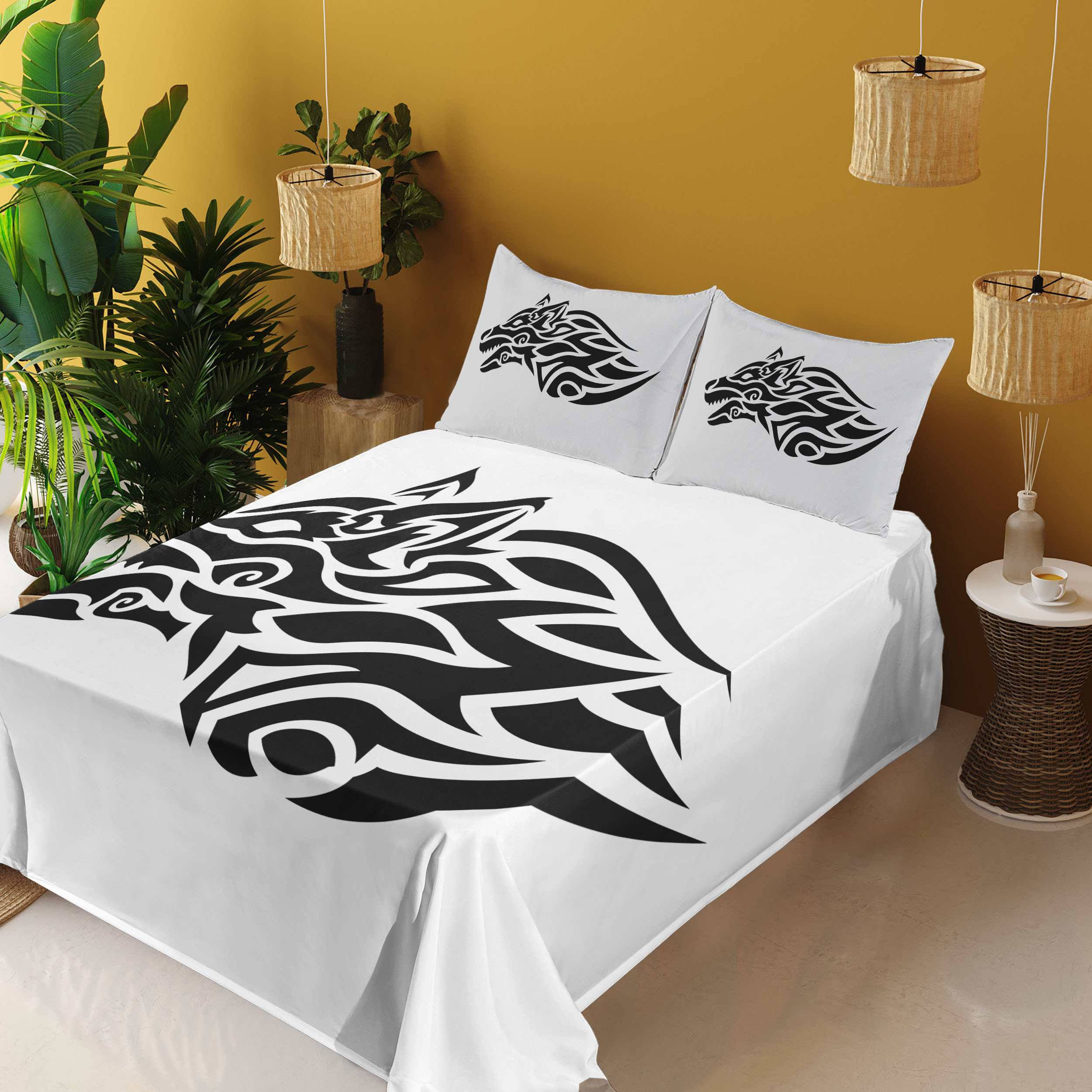 Ambesonne Wolf Sheet Set Tribal Animal Drawing Artwork Charcoal Grey ...