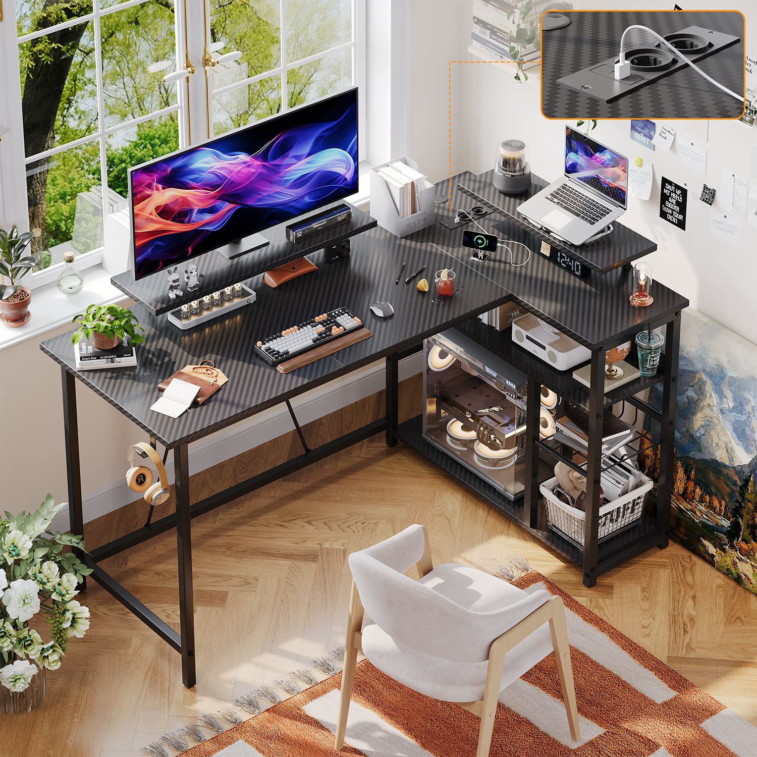 Metro Lane 55" L Shaped Computer Desk with Power Outlet, LED Gaming or ...