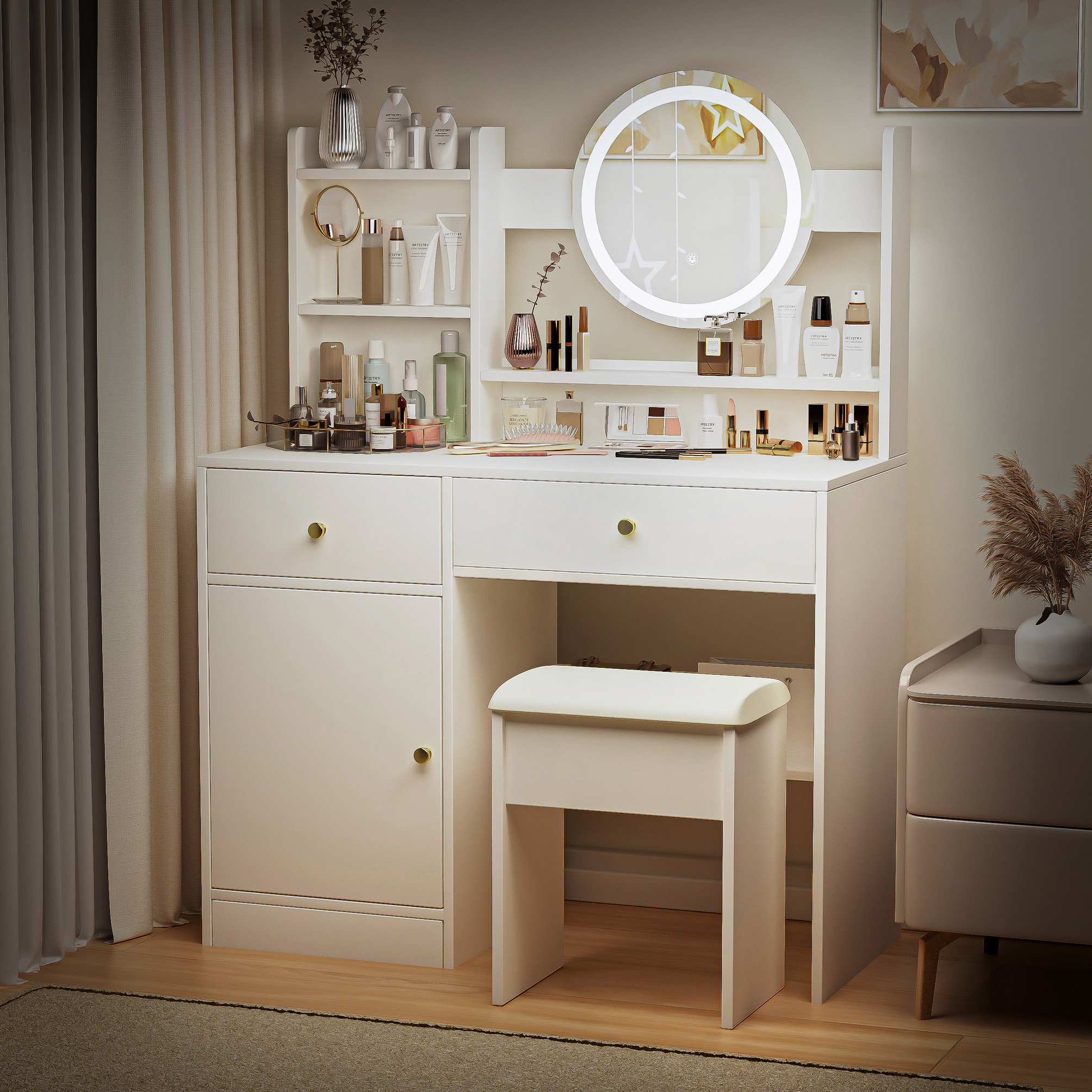 Wrought Studio™ Makeup Vanity Desk Dressing Table with Lights,Mirror ...