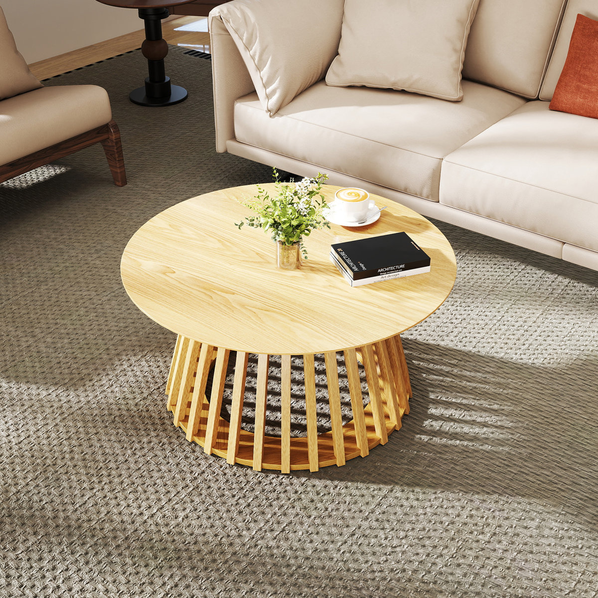 Ebern Designs Solid Wood Base Single Coffee Table Round Coffee Table ...