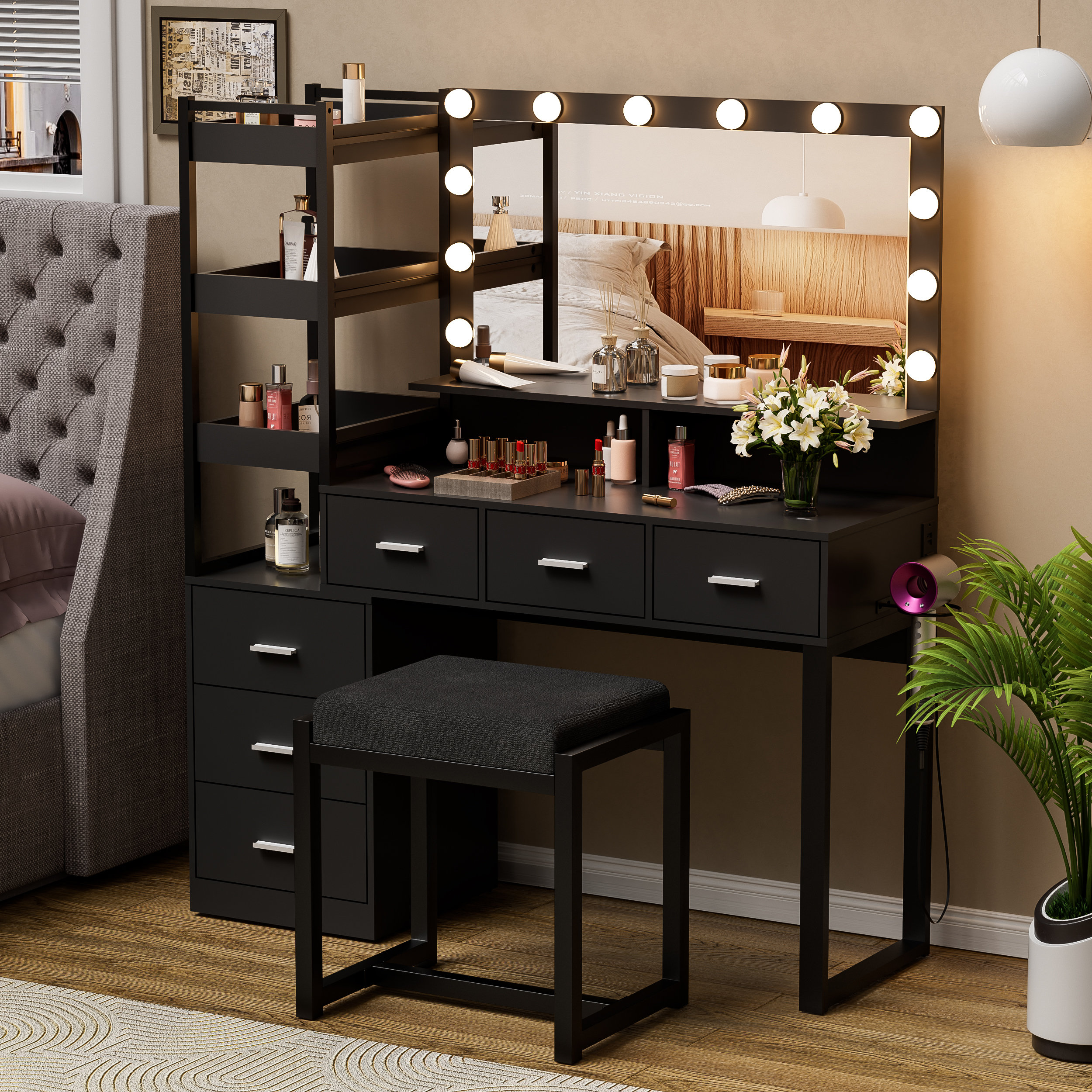 Millwood Pines Ipava Vanity Set With Lighted Mirror, Makeup Vanity ...