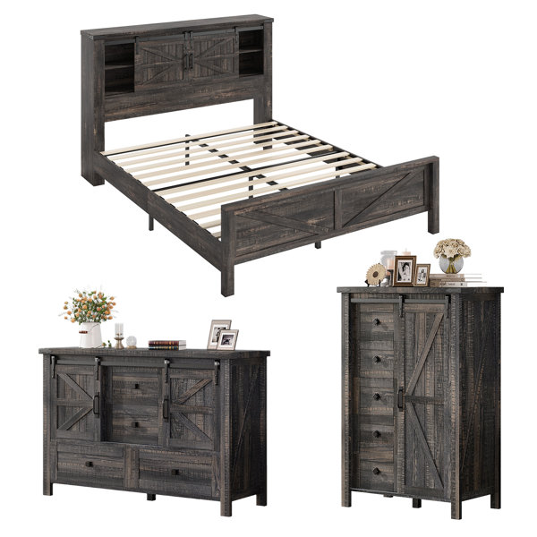 Gracie Oaks 3 Pieces Farmhouse Bedroom Set, BookcaseBed Frame, 5 Drawer ...