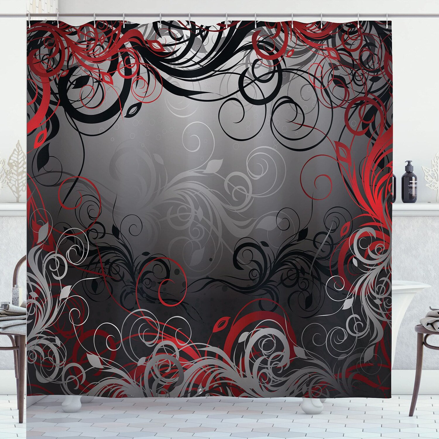 Hokku Designs Mystic Forest Ombre Shower Curtain - Nature-Inspired Floral Swirls, Charcoal Ruby ...
