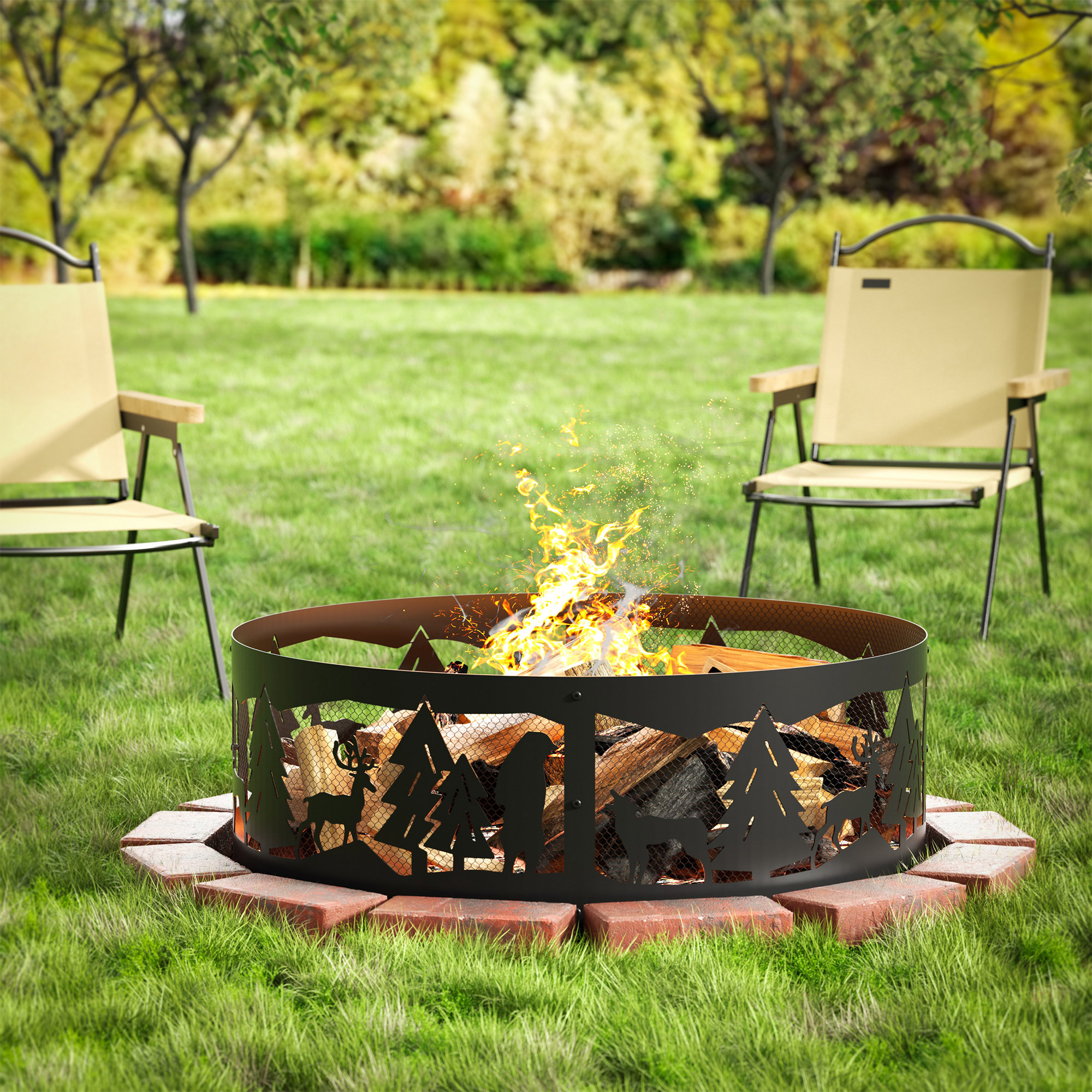 Millwood Pines Macauley 14'' H x 42'' W Steel Outdoor Fire Ring, Wood ...