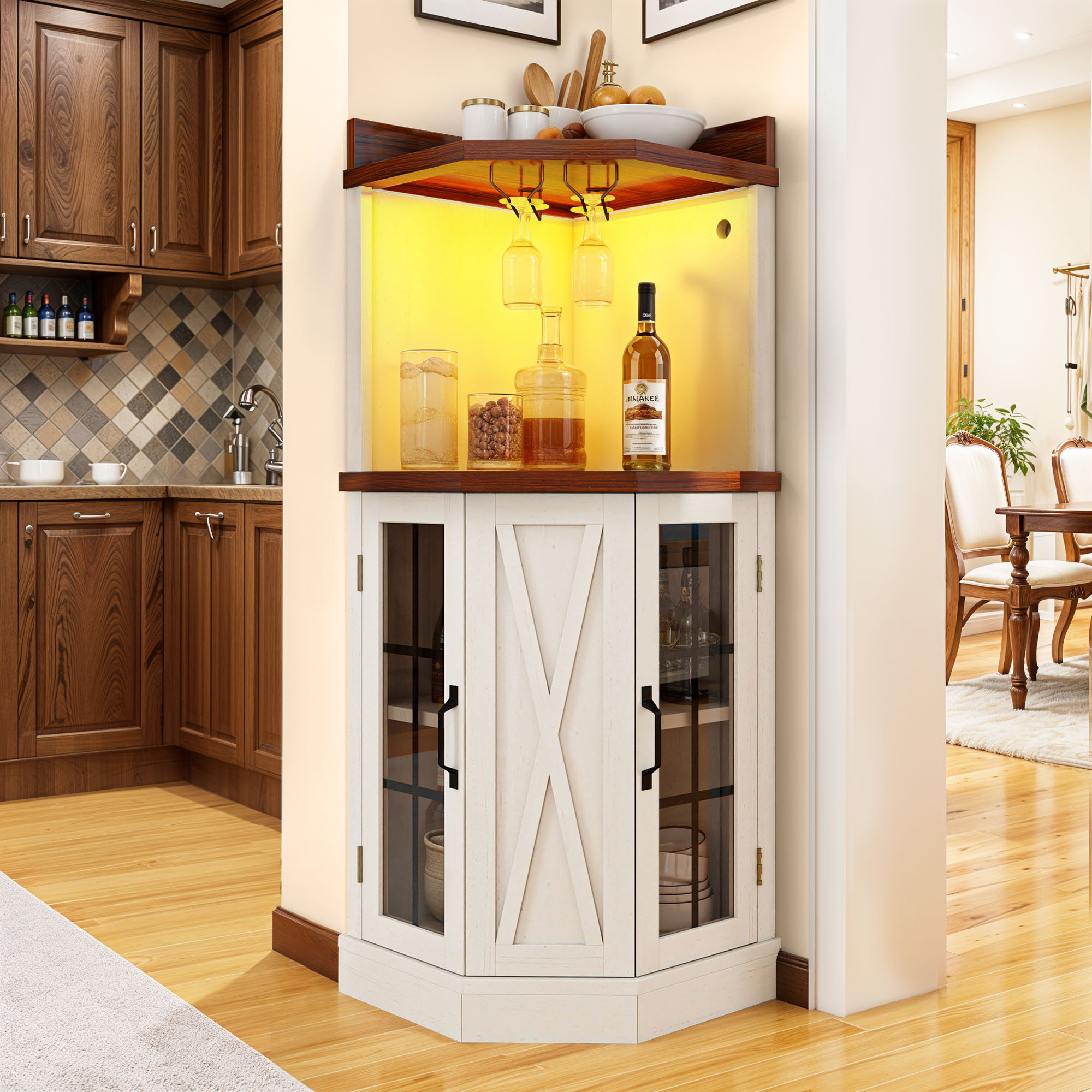 Wade Logan® Atasha 53'' H Farmhouse Corner Bar Cabinet with Glass Door ...