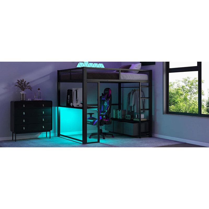 GROUPES Full Size Metal Gaming Loft Bed With LED,Desk,Open Wardrobe And ...