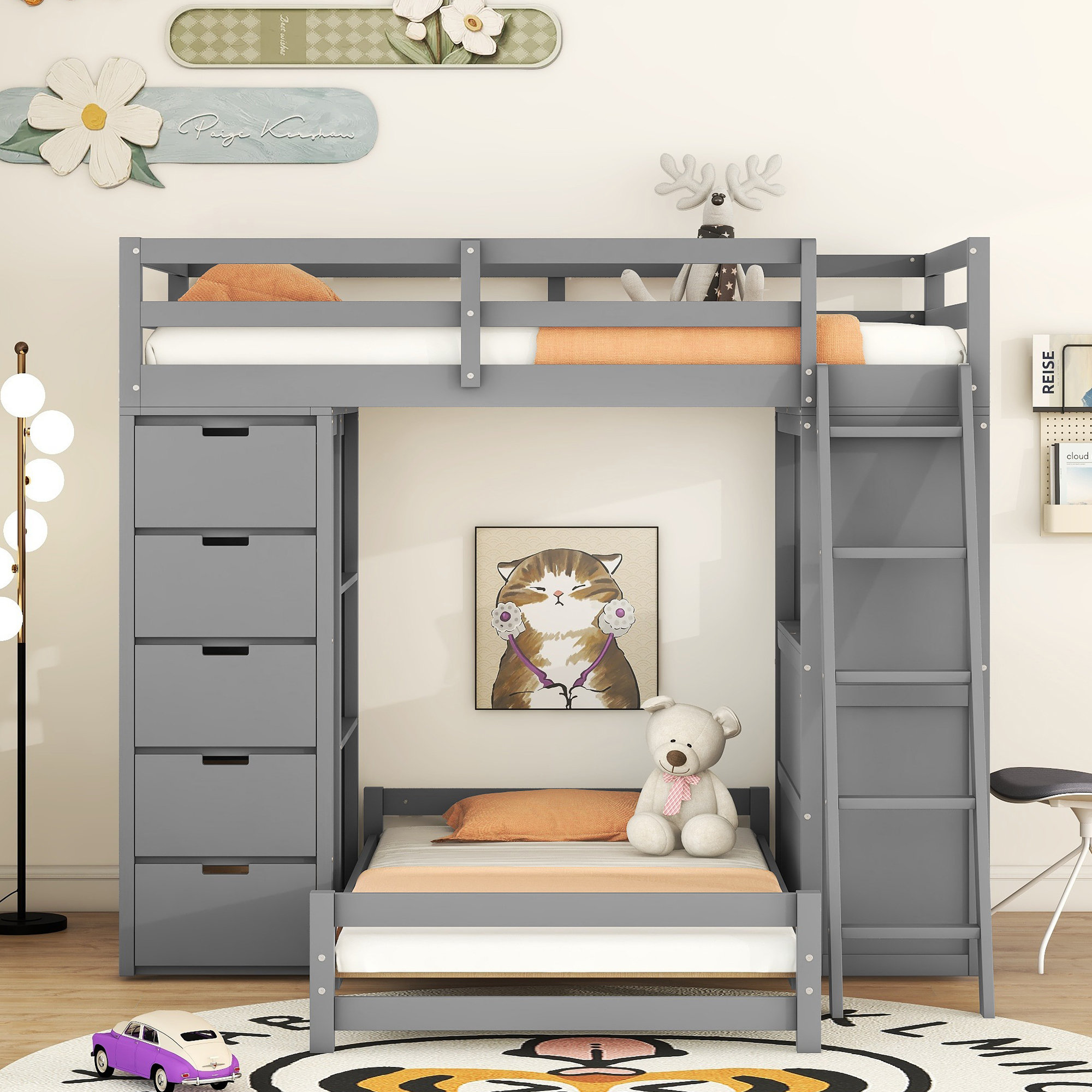 Latitude Run® Twin over Twin Bunk Bed with LED Light and USB Ports ...