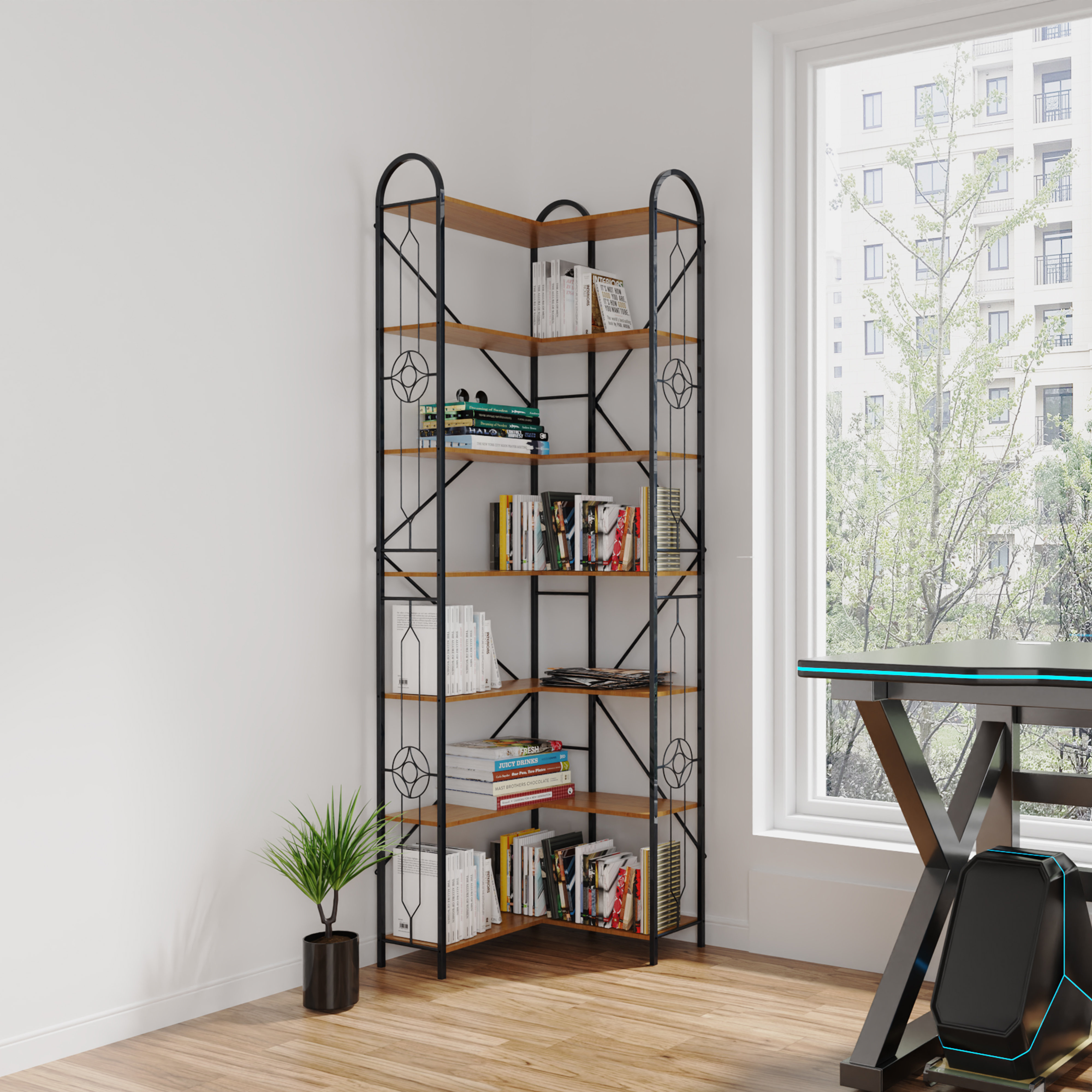 Latitude Run® Indi 7-Tier Bookcase with Metal Frame & Wooden Shelves ...
