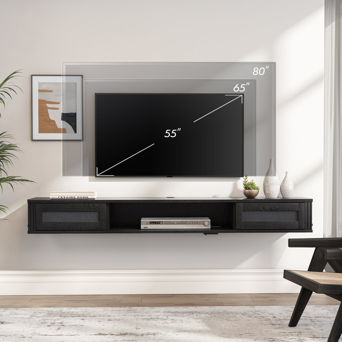 Ebern Designs Modern Black Floating TV Stand up to 90" TV Wall Mount ...