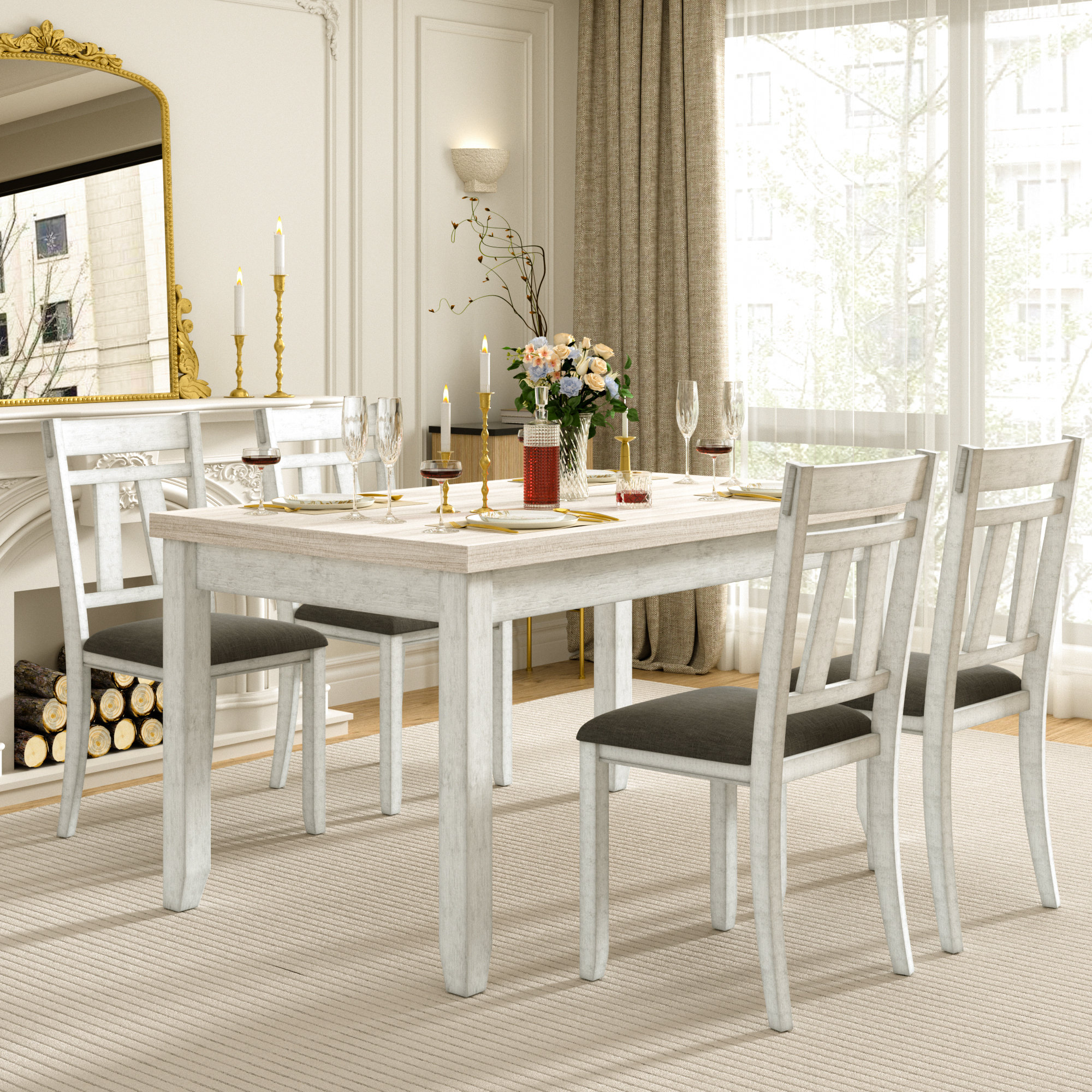 Gracie Oaks 5 Piece Dining Table Set, Solid Wood Dining Table With 2 ...