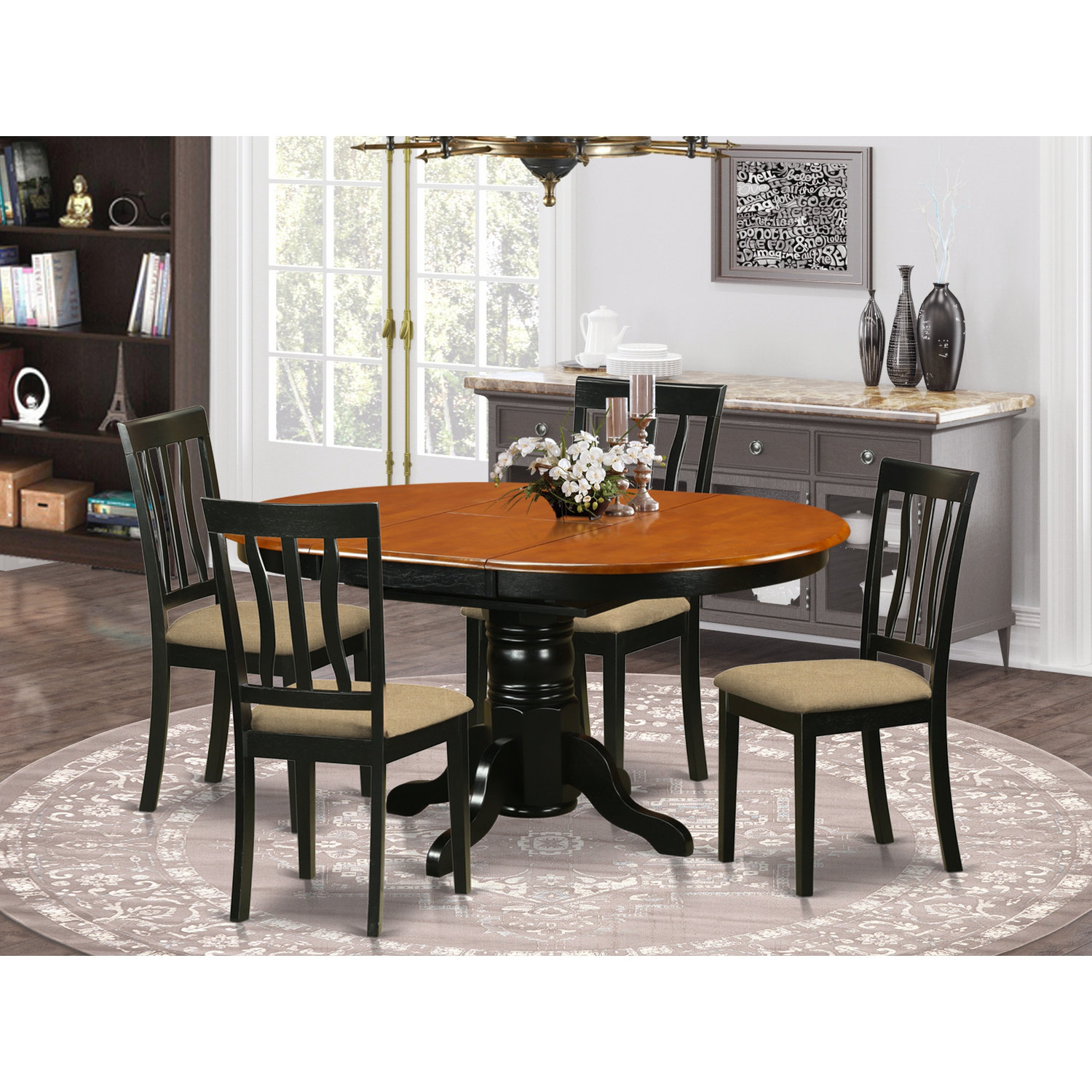 Canora Grey 5-Piece Oval Black Finish Solid Wood Top Dining table with ...